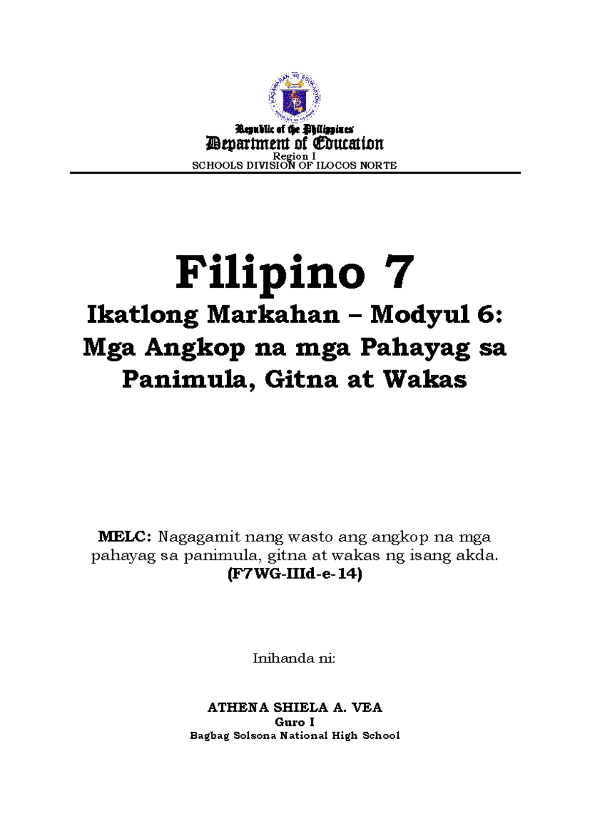 Filipino 7 Q3 Week6 Modyul 6 Vea,Athena - Republic of the Philippines ...
