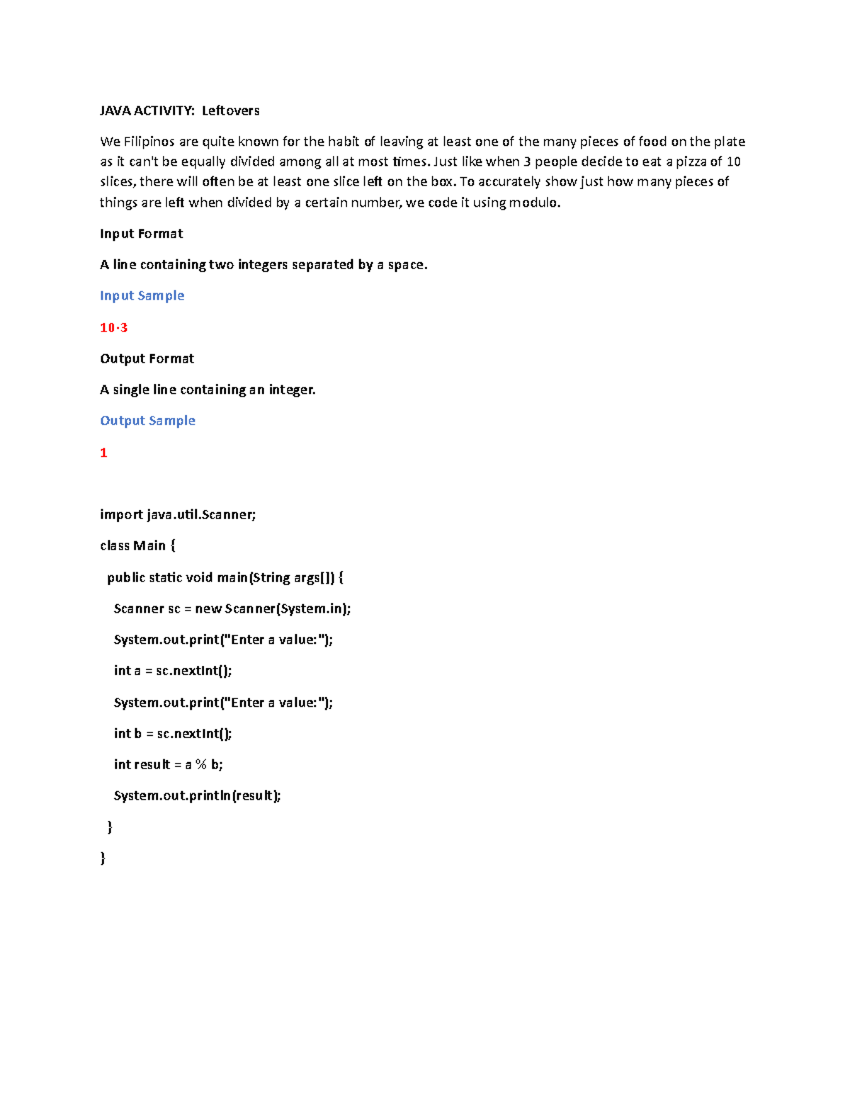 JAVA Activity leftovers - JAVA ACTIVITY: Leftovers We Filipinos are ...