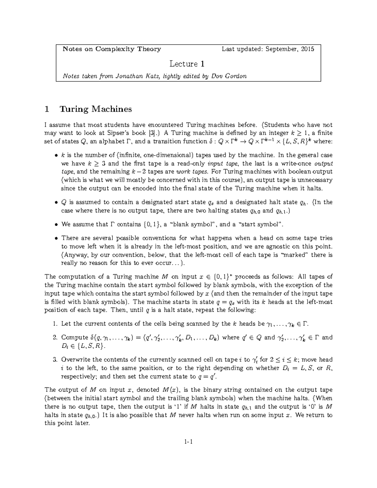 Lecture 01 2015 Turing Machines Notes On Complexity Theory Last Updated September 2015