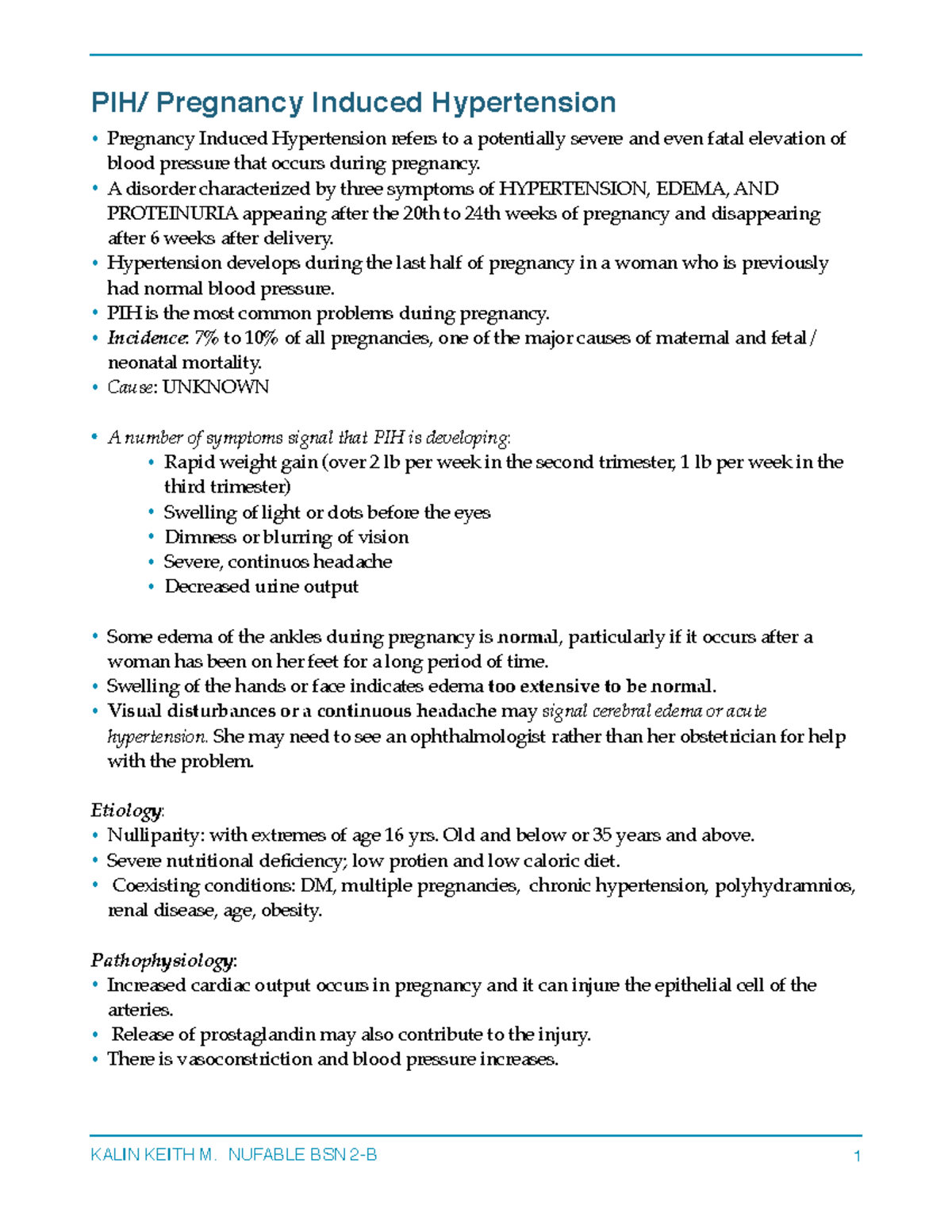 Notes PIH, PH, CS - PIH/ Pregnancy Induced Hypertension • Pregnancy ...