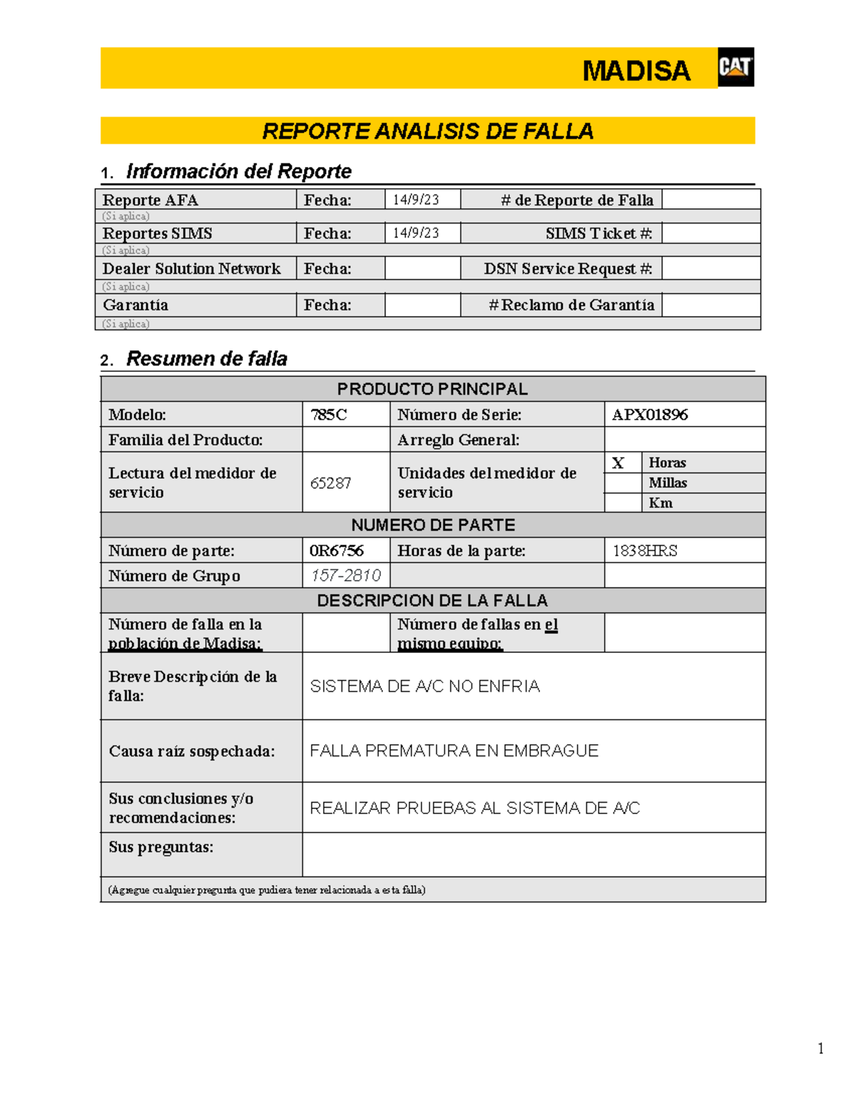 Reporte FC-323 - AFA - MADISA 1 REPORTE ANALISIS DE FALLA 1. Información del Reporte Reporte AFA ...