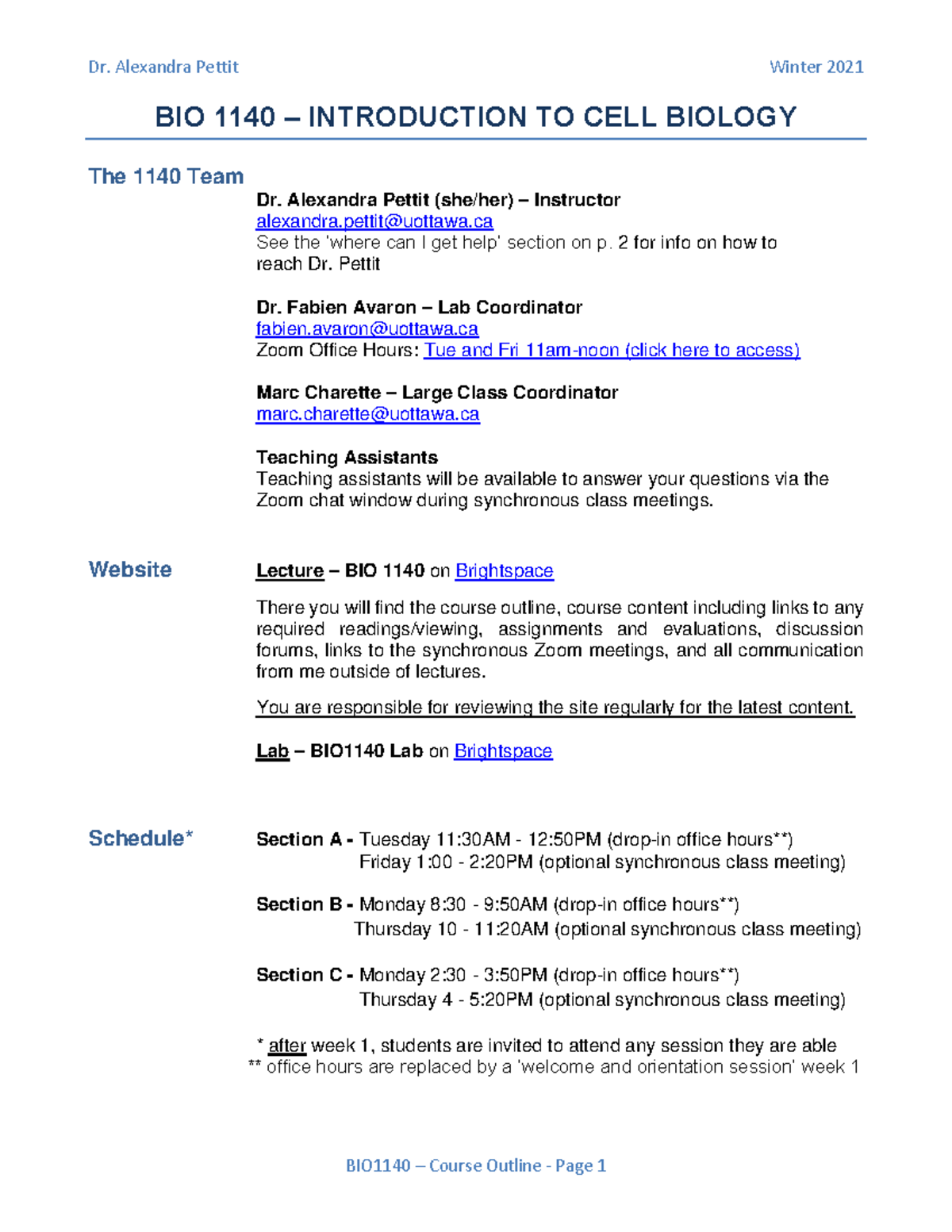 BIO1140 course plan Pettit Winter 2021 - BIO 1140 – INTRODUCTION TO ...