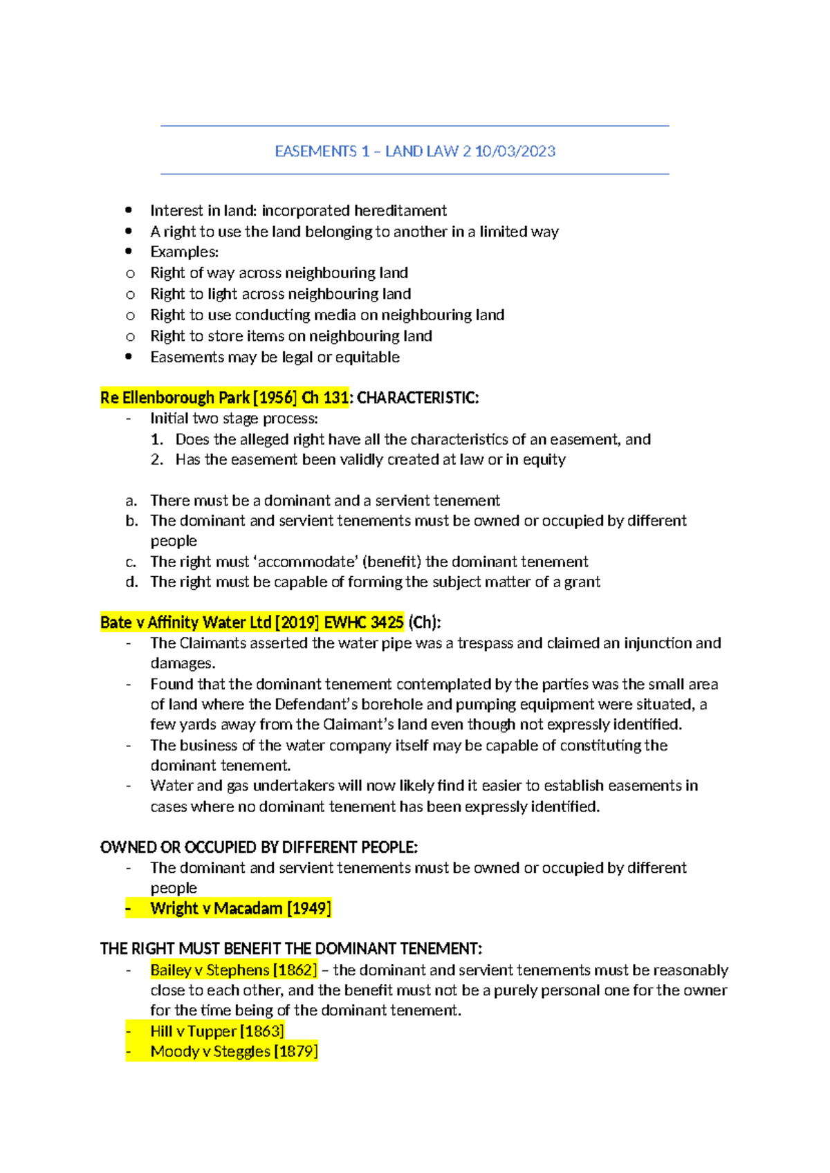 Easements 1 - EASEMENTS 1 – LAND LAW 2 10/03/ Interest in land ...