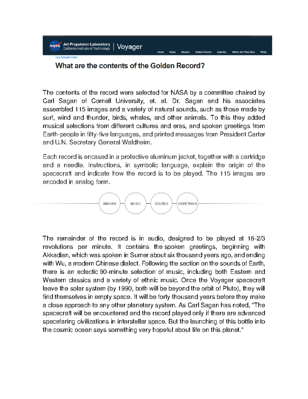 THE Voyager Golden Record - The contents of the record were selected ...