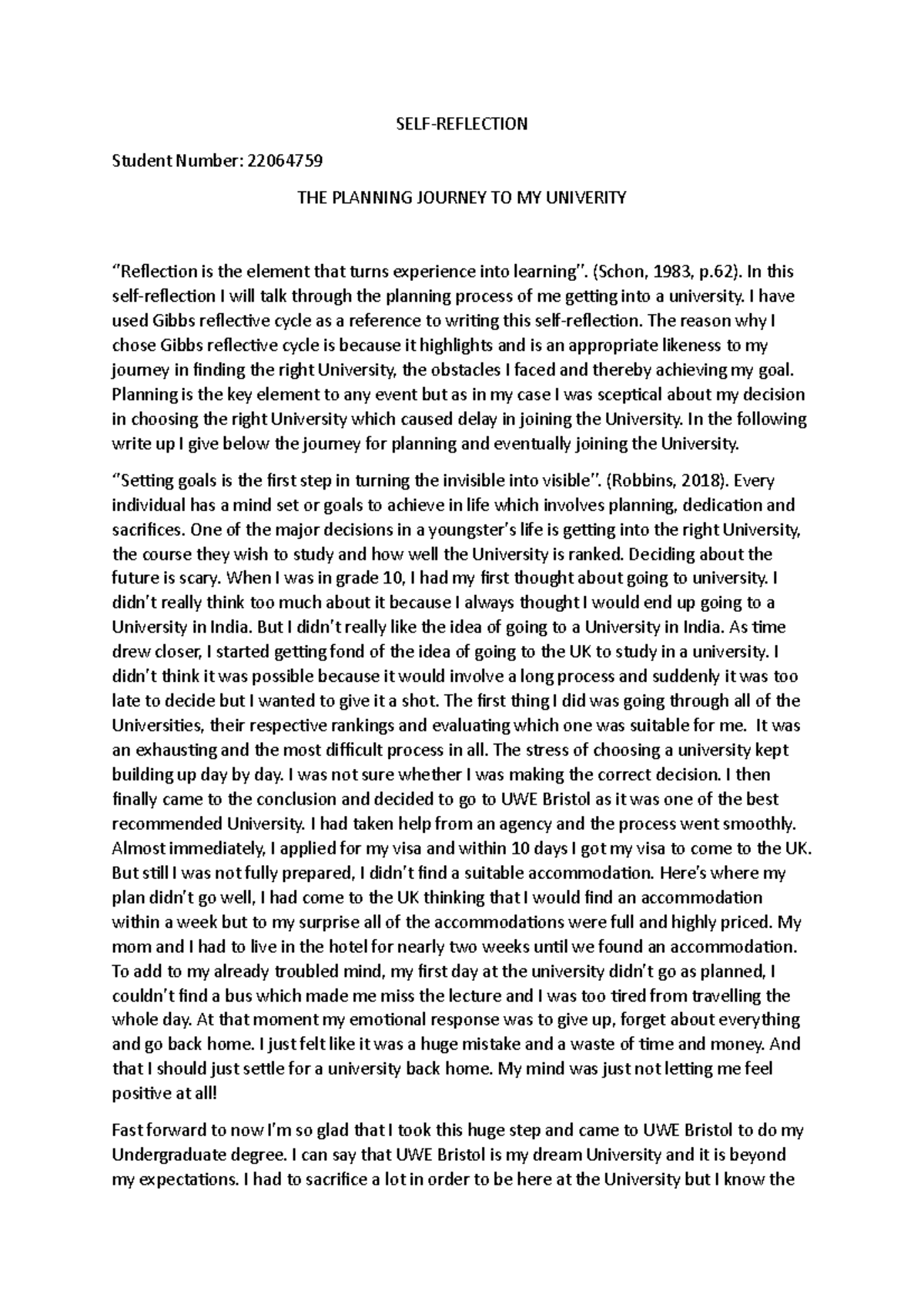 Self Reflection - SELF-REFLECTION Student Number: 22064759 THE PLANNING ...