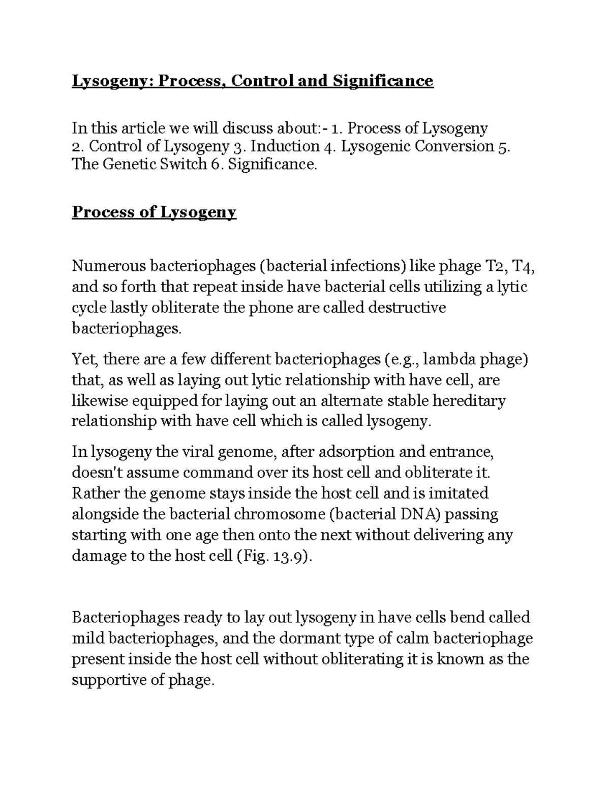 Lysogeny - Process of Lysogeny 2. Control of Lysogeny 3. Induction 4 ...
