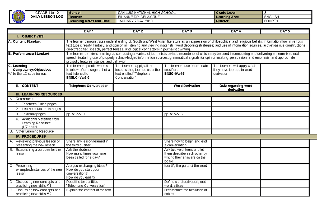 DLL - 1a - daily lesson log - GRADE 1 to 12 DAILY LESSON LOG School SAN ...