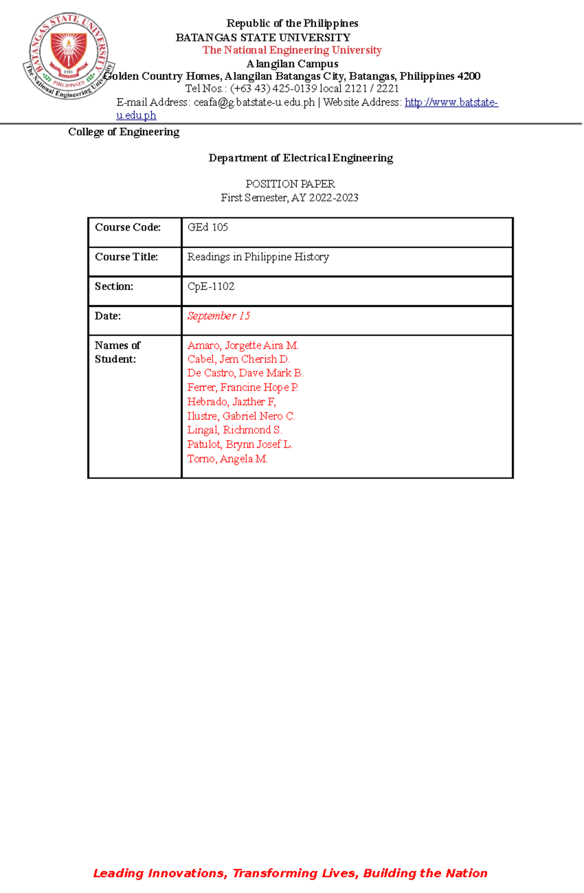 RPH- Position Paper - Republic of the Philippines BATANGAS STATE ...