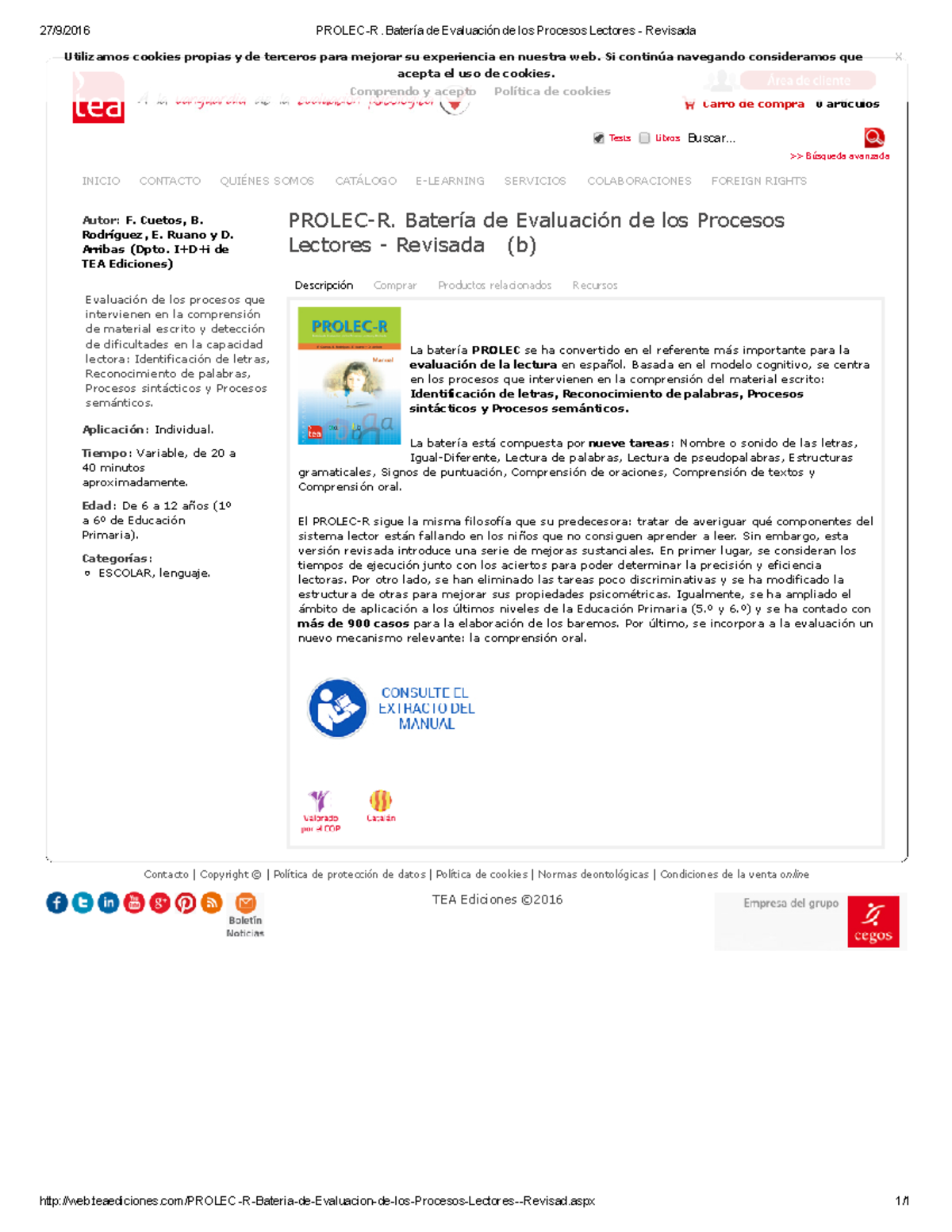 3.3.2.- Prolec-R 1 - 27/9/2016 PROLEC­R. Batería de Evaluación de los ...