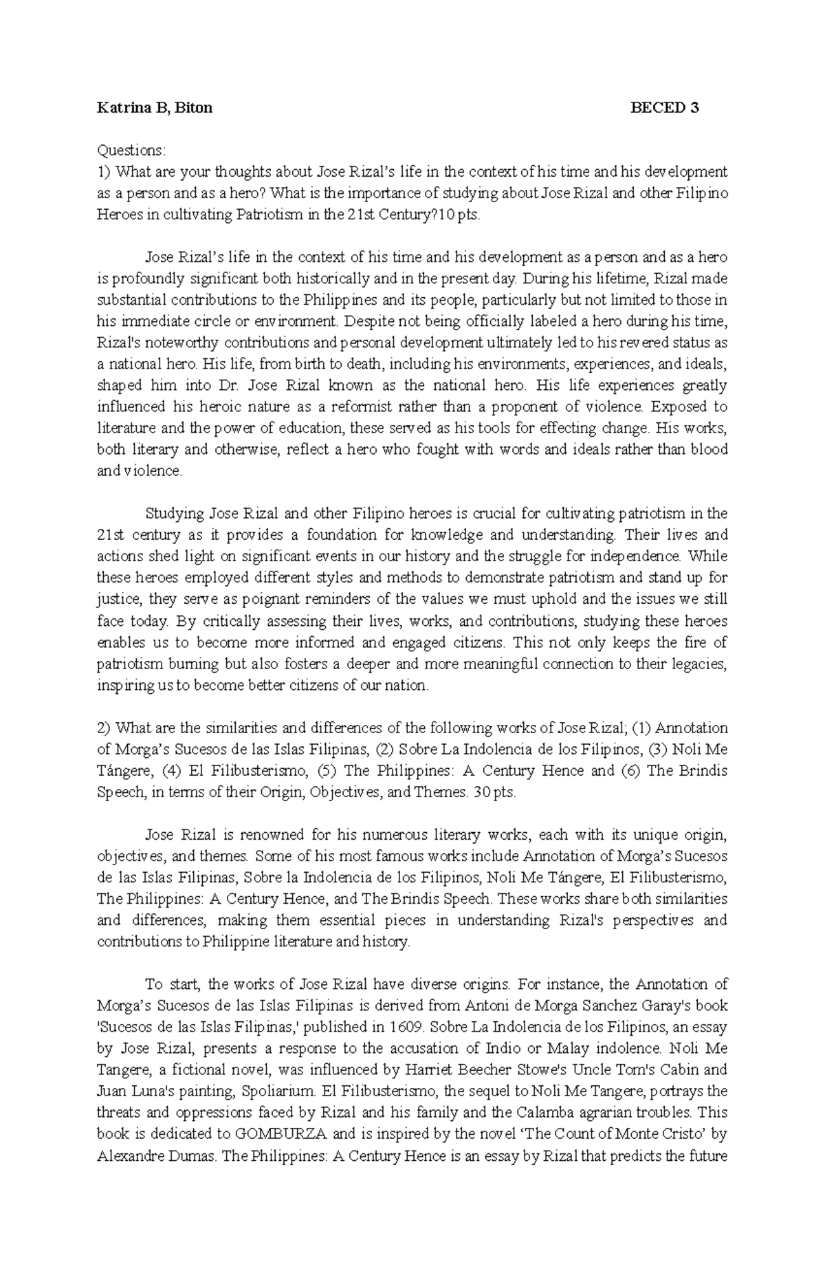 Final Examination for the Life and Works of Jose Rizal - Katrina B ...