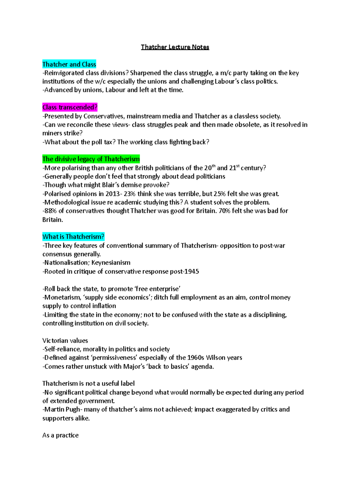 Thatcher Lecture Notes - Thatcher Lecture Notes Thatcher and Class ...
