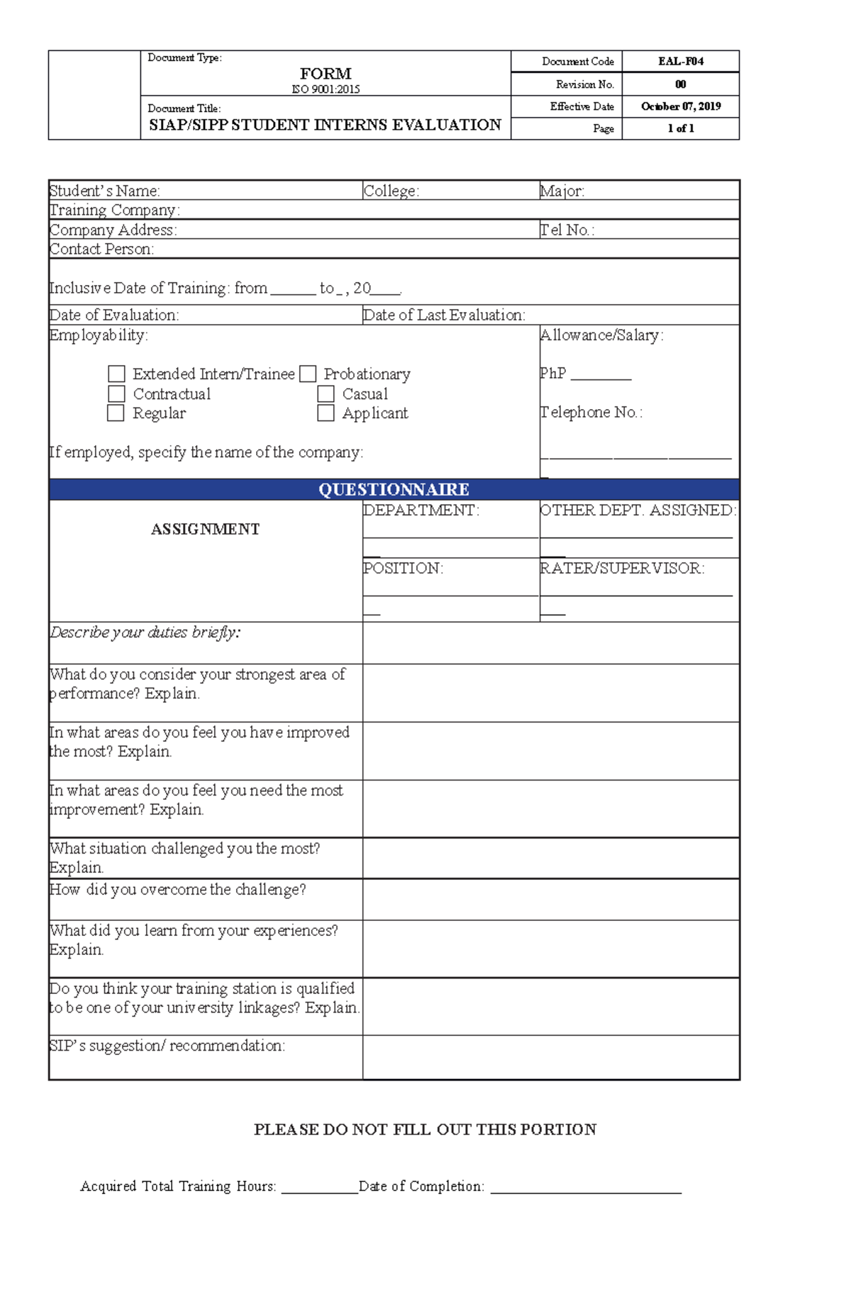 F04 Student Interns Evaluation FORM sippsiap - Document Type: FORM ISO ...