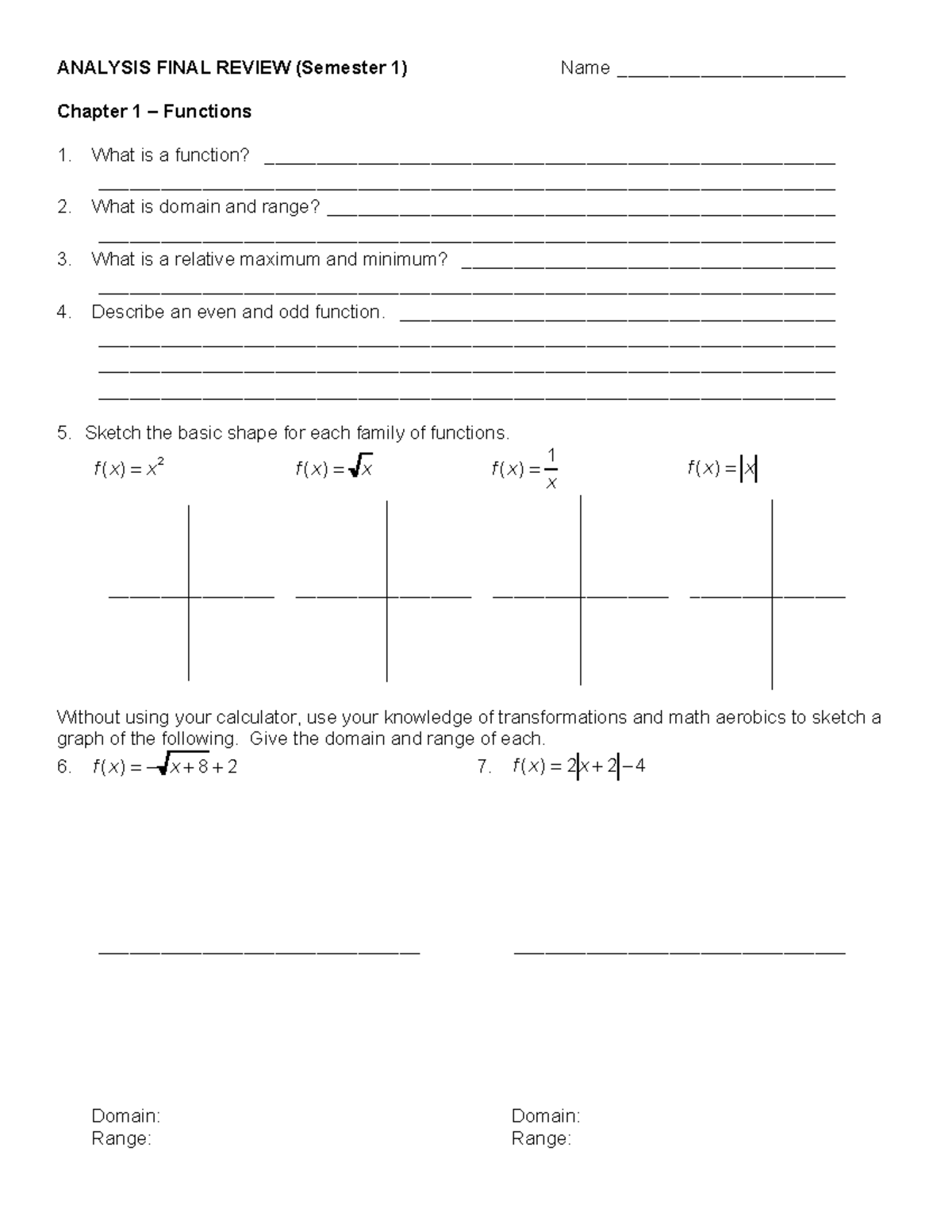 Precalculus Midterm Exam Review Part 1 - ANALYSIS FINAL REVIEW ...