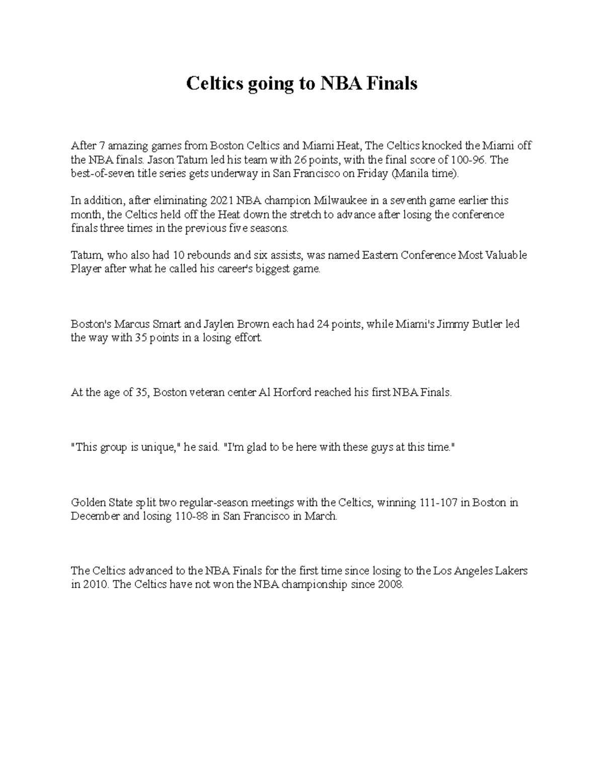 Sports news artticle 1 - Celtics going to NBA Finals After 7 amazing ...