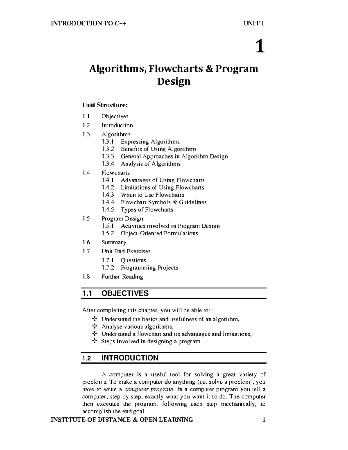 C++ - hfjhgh - 1 Algorithms, Flowcharts & Program Design Unit Structure ...
