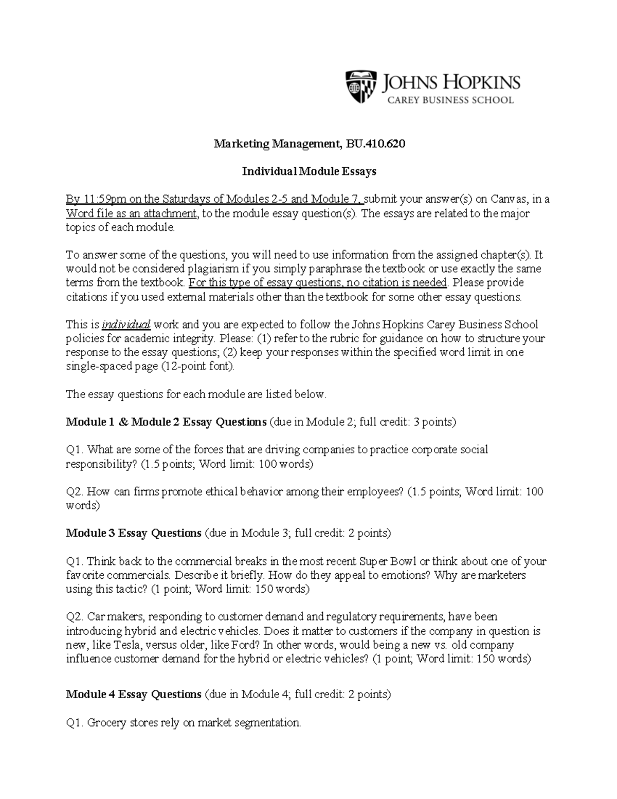 Module Essay Questions-20230808 - Marketing Management, BU. Individual ...