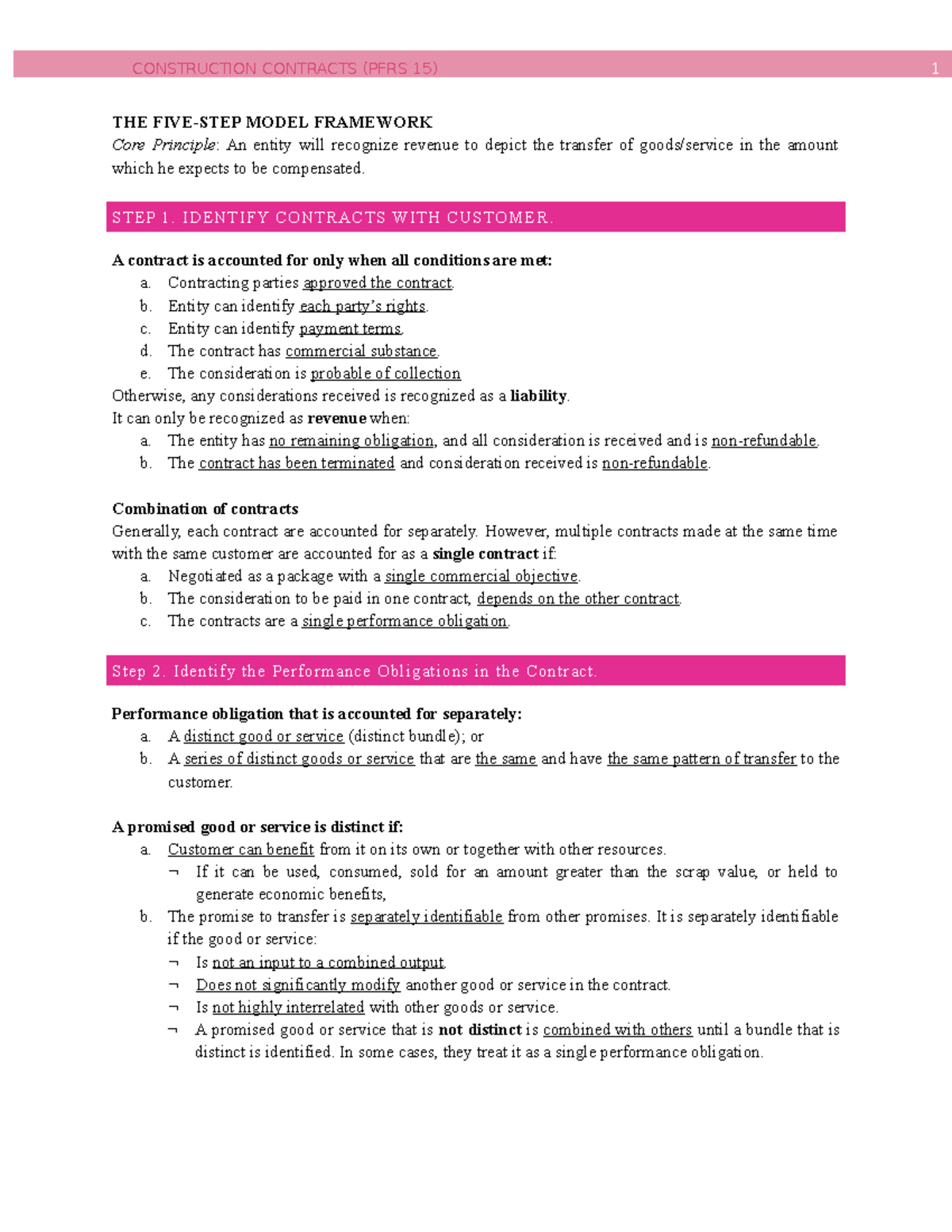 Construction Contracts Notes - THE FIVE-STEP MODEL FRAMEWORK Core ...