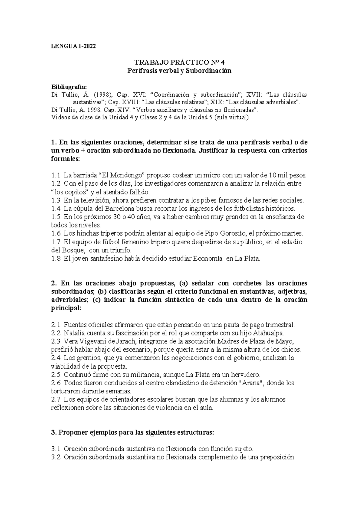 TP Nº4-Perífrasis verbal y subordinación - LENGUA 1- TRABAJO PRÁCTICO N ...