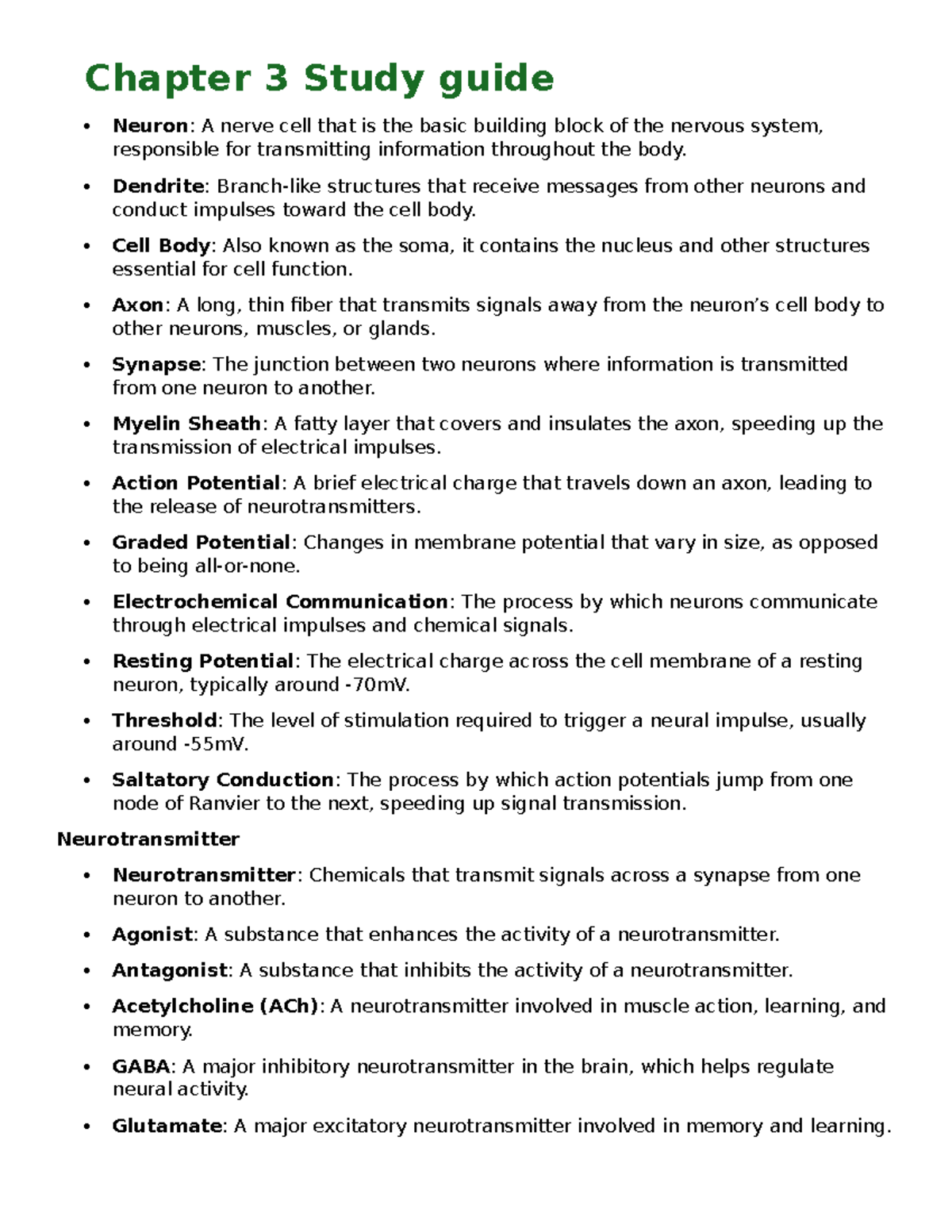 Chapter 3 Study guide - Chapter 3 Study guide Neuron: A nerve cell that ...