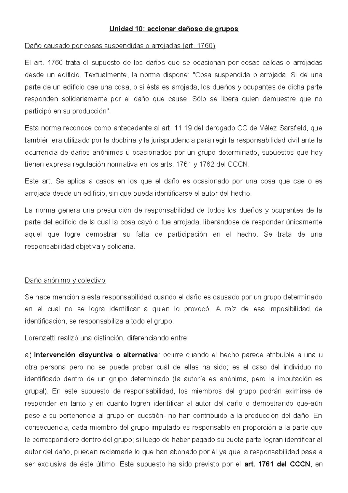 Unidad 10 - Unidad 10: accionar dañoso de grupos Daño causado por cosas ...