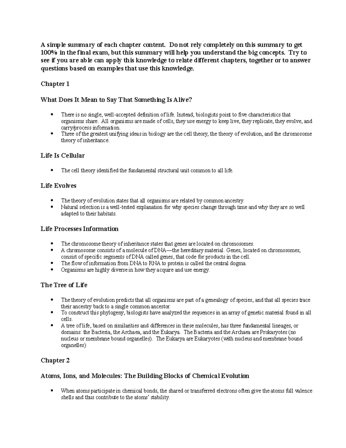 Final Review - A simple summary of each chapter content. Do not rely ...