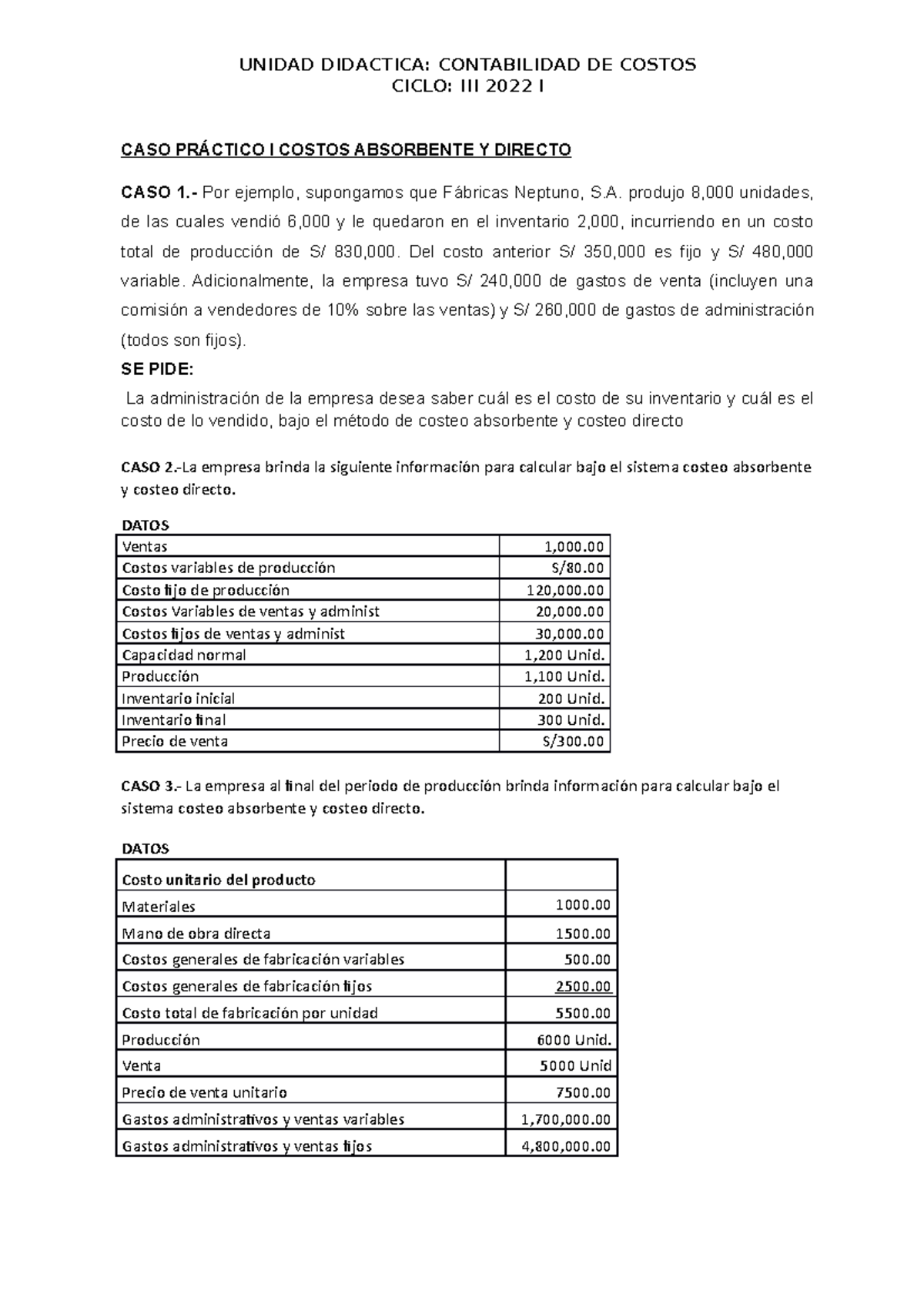 CASO Practico I Absorbente-Y- Directo - UNIDAD DIDACTICA: CONTABILIDAD DE COSTOS CICLO: III 2022 ...