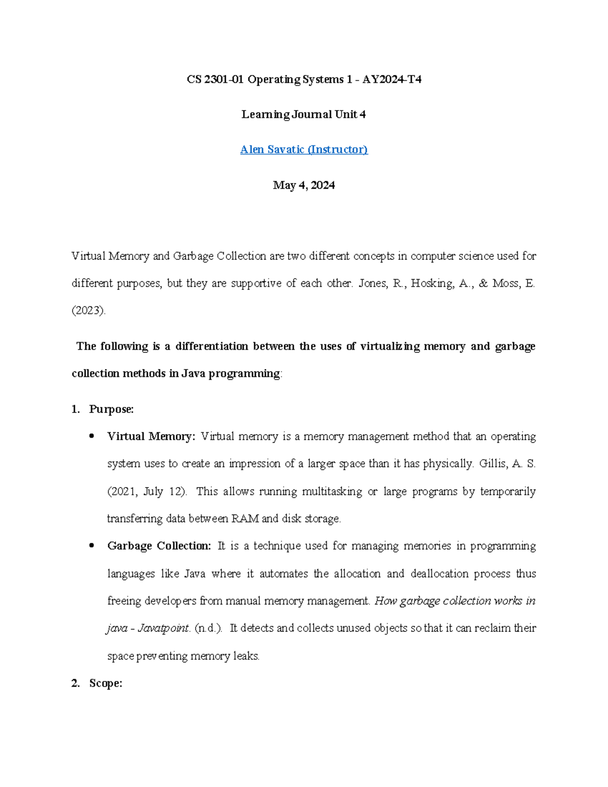 CS 2301 Operating Systems - I Learning Journal UNIT 4 - CS 2301-01 ...