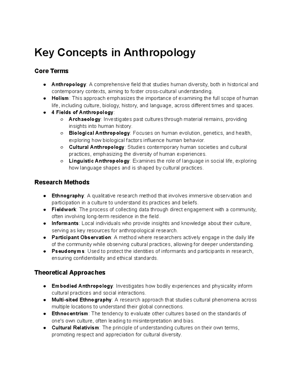 Anthropology - Anthro 101 midterm questions - Key Concepts in ...