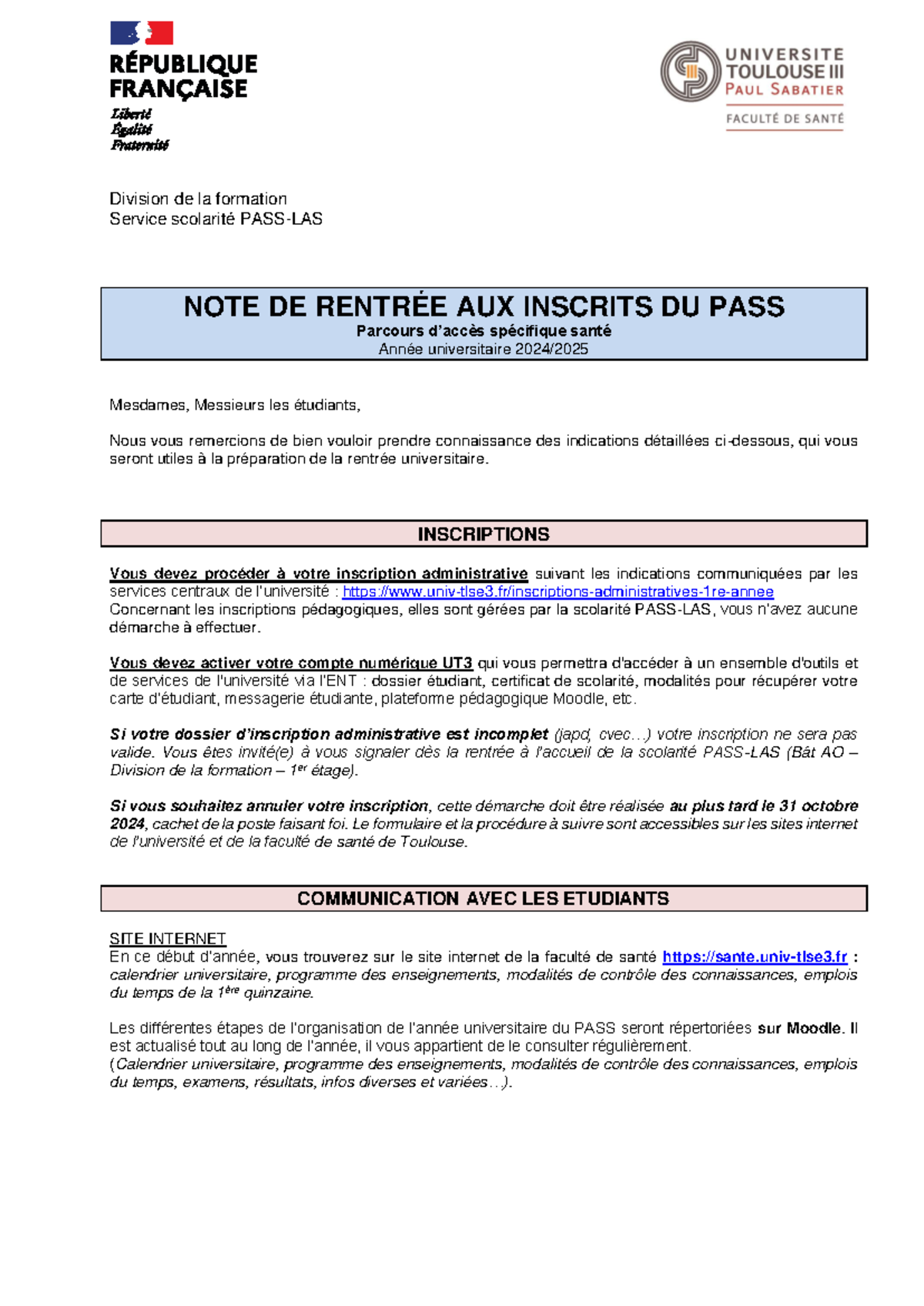 2024 2025 - Note de rentrée PASS - Division de la formation Service ...