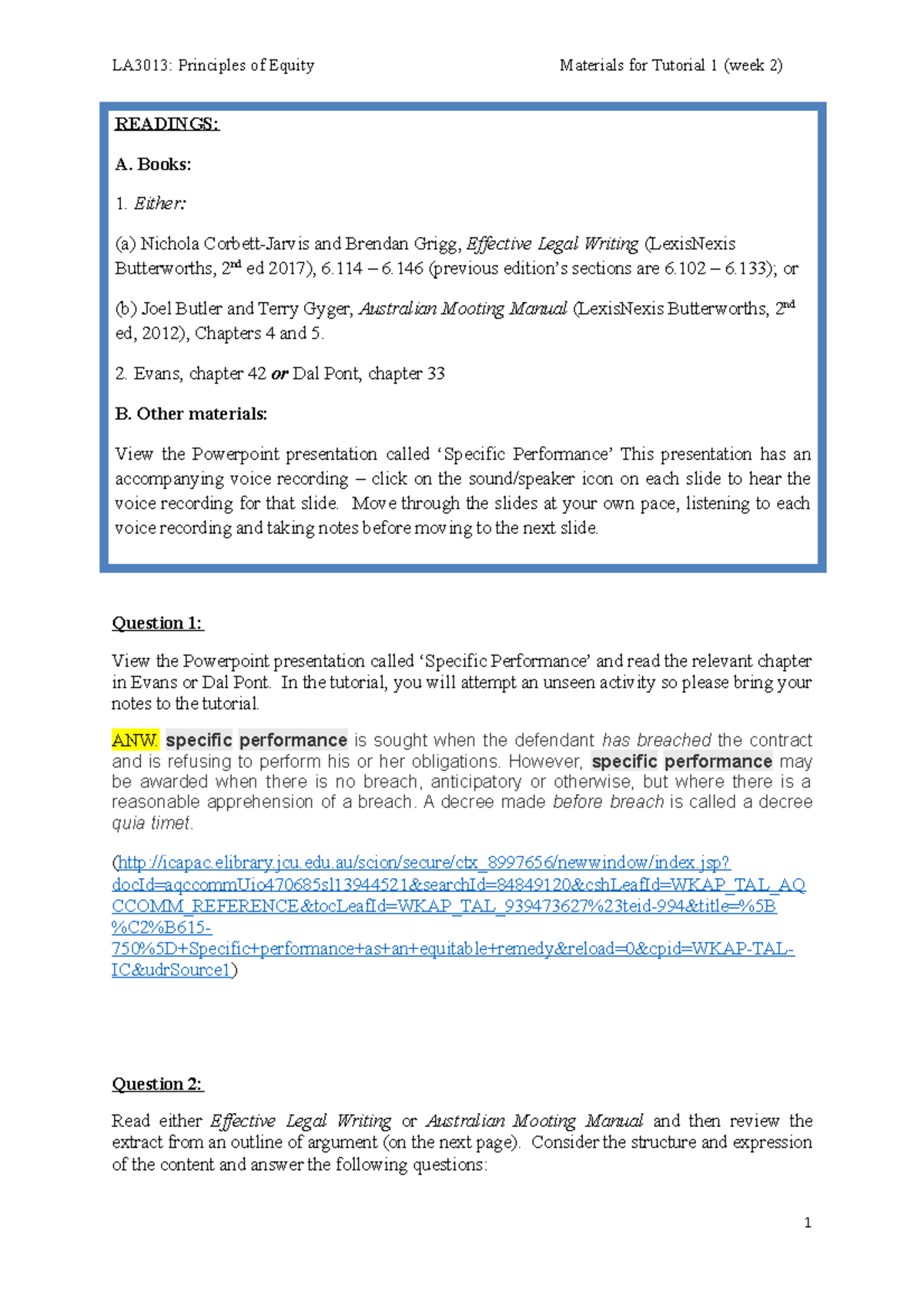 LA3013 Tutorial 1 (week 2) Qs - LA3013: Principles of Equity Materials ...