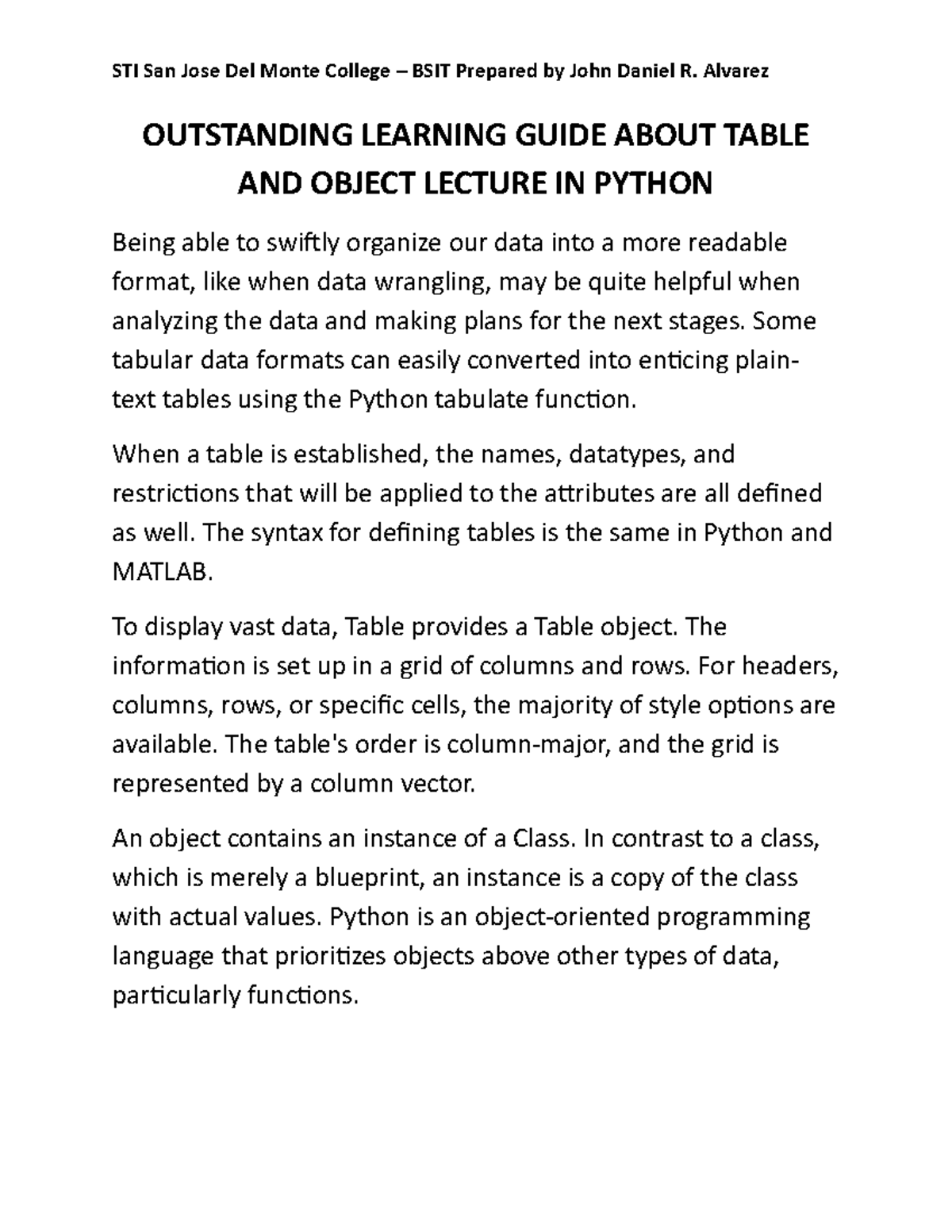 Outstanding Learning Guide About Table and Object Lecture in Python ...