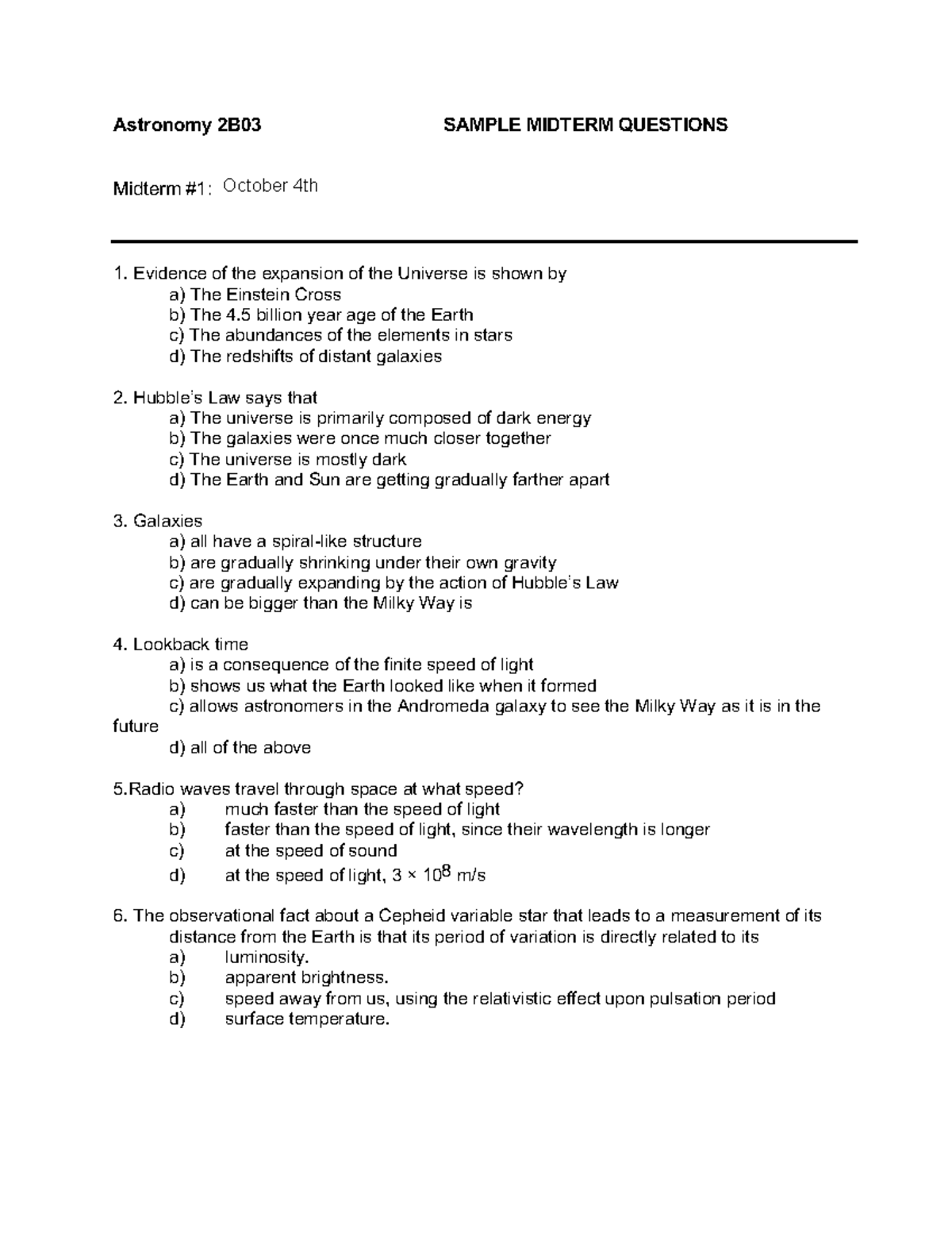 Samplemidtermques - Sample midterm question - Astronomy 2B03 SAMPLE MIDTERM QUESTIONS Midterm #1 ...