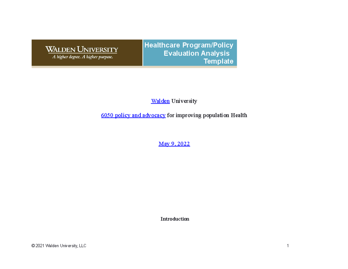 Week 10 Health Care Program Analysis/Template - Walden University 6050 policy and advocacy for ...