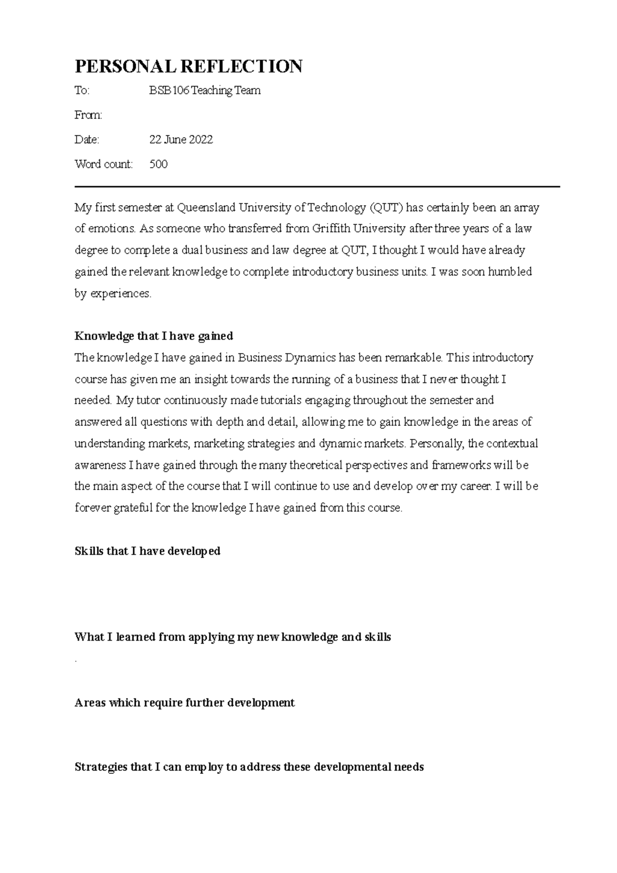 Reflection - PERSONAL REFLECTION To: BSB106 Teaching Team From: Date ...