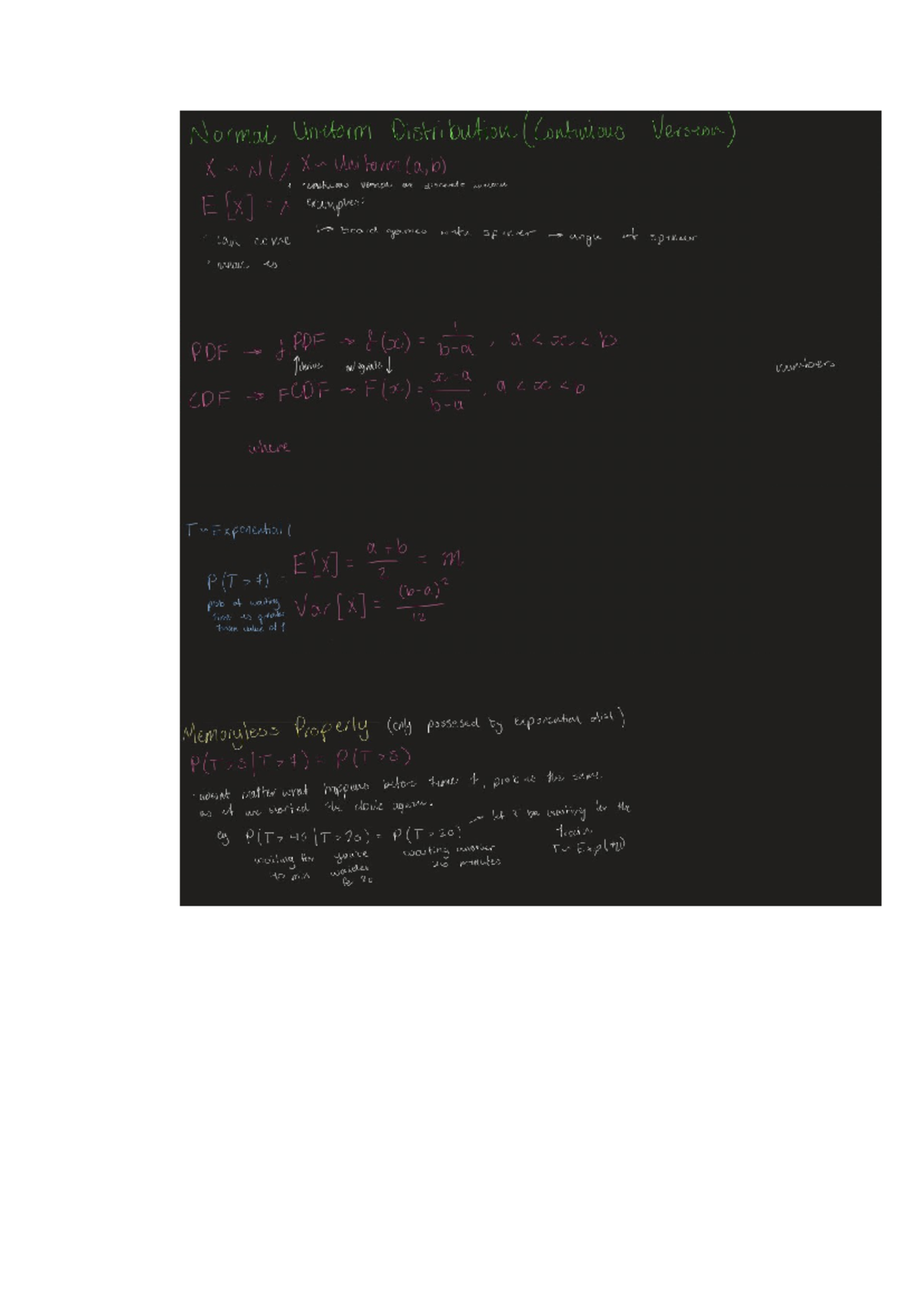 Week 7 Lecture Notes Formulas Normal Uniform Distribution
