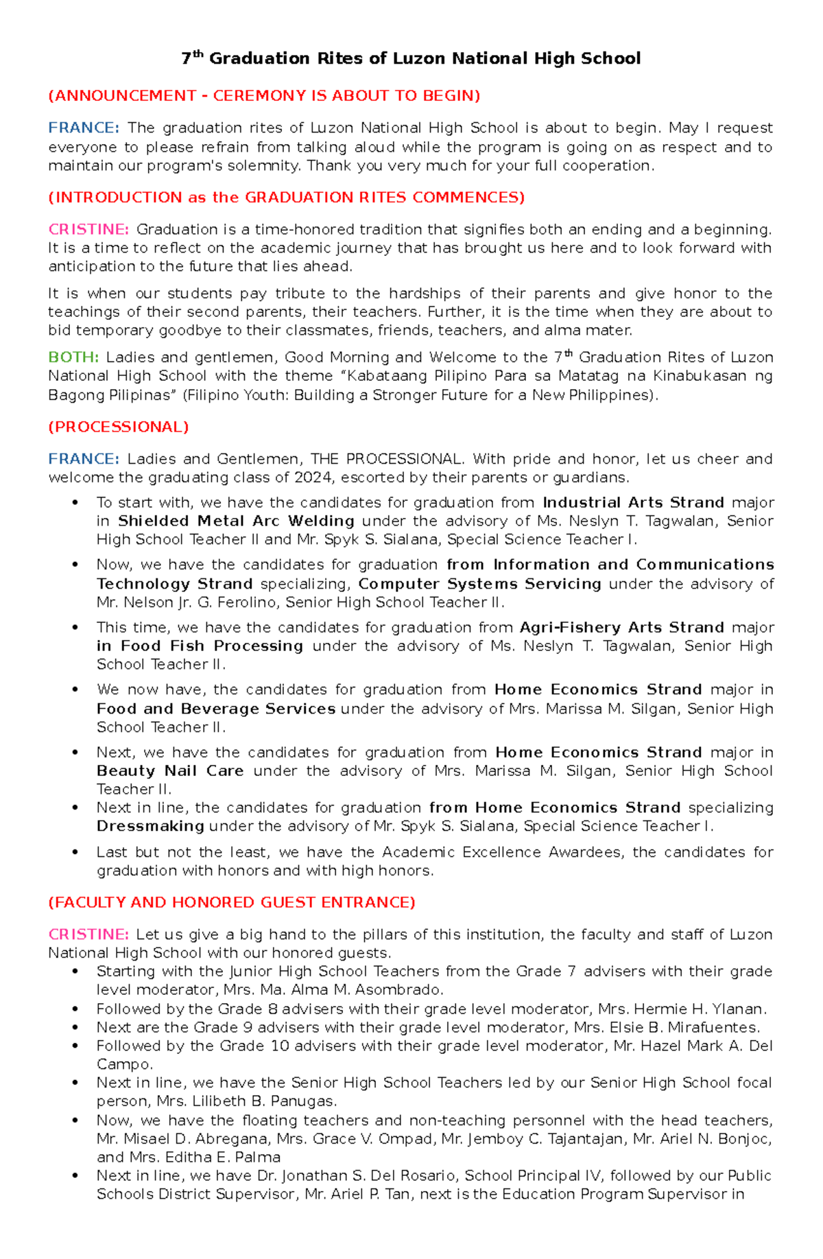 Graduation Script 2024 - 7 th Graduation Rites of Luzon National High ...