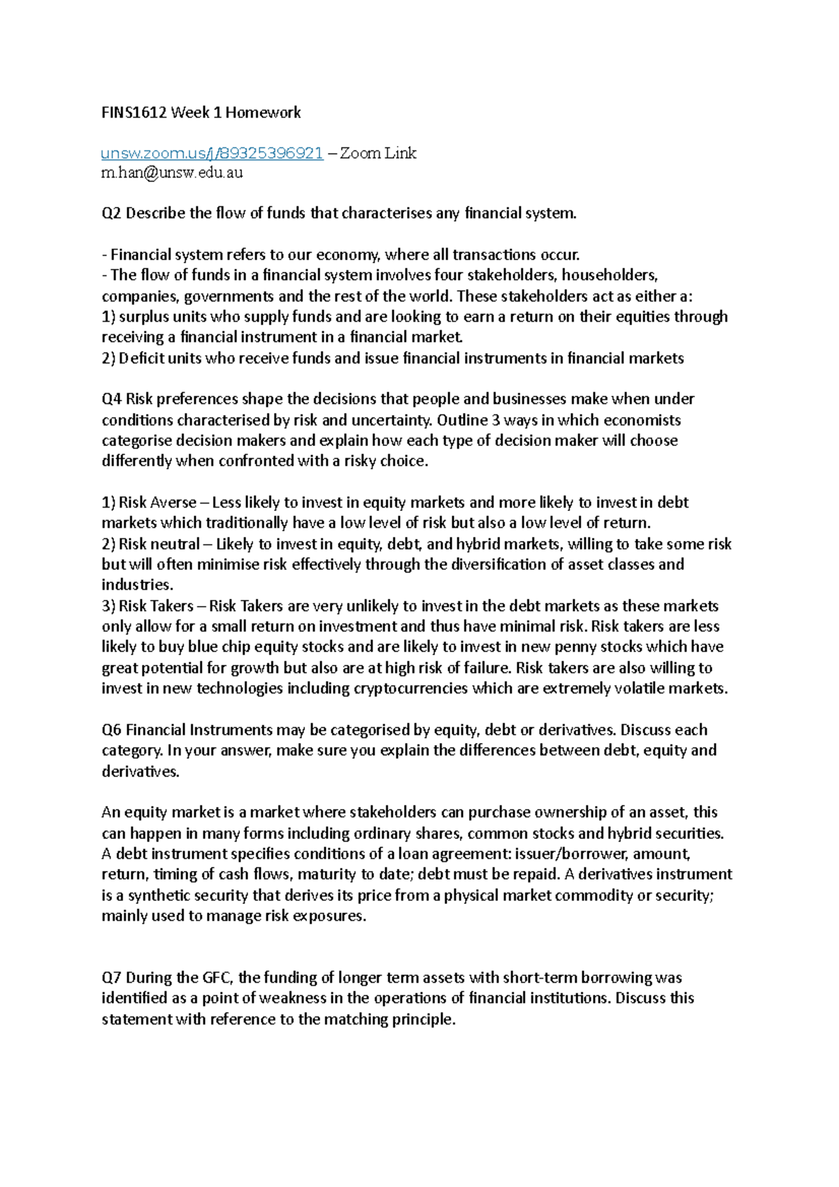 FINS1612 Week 1 Homework - FINS1612 - UNSW Sydney - Studocu