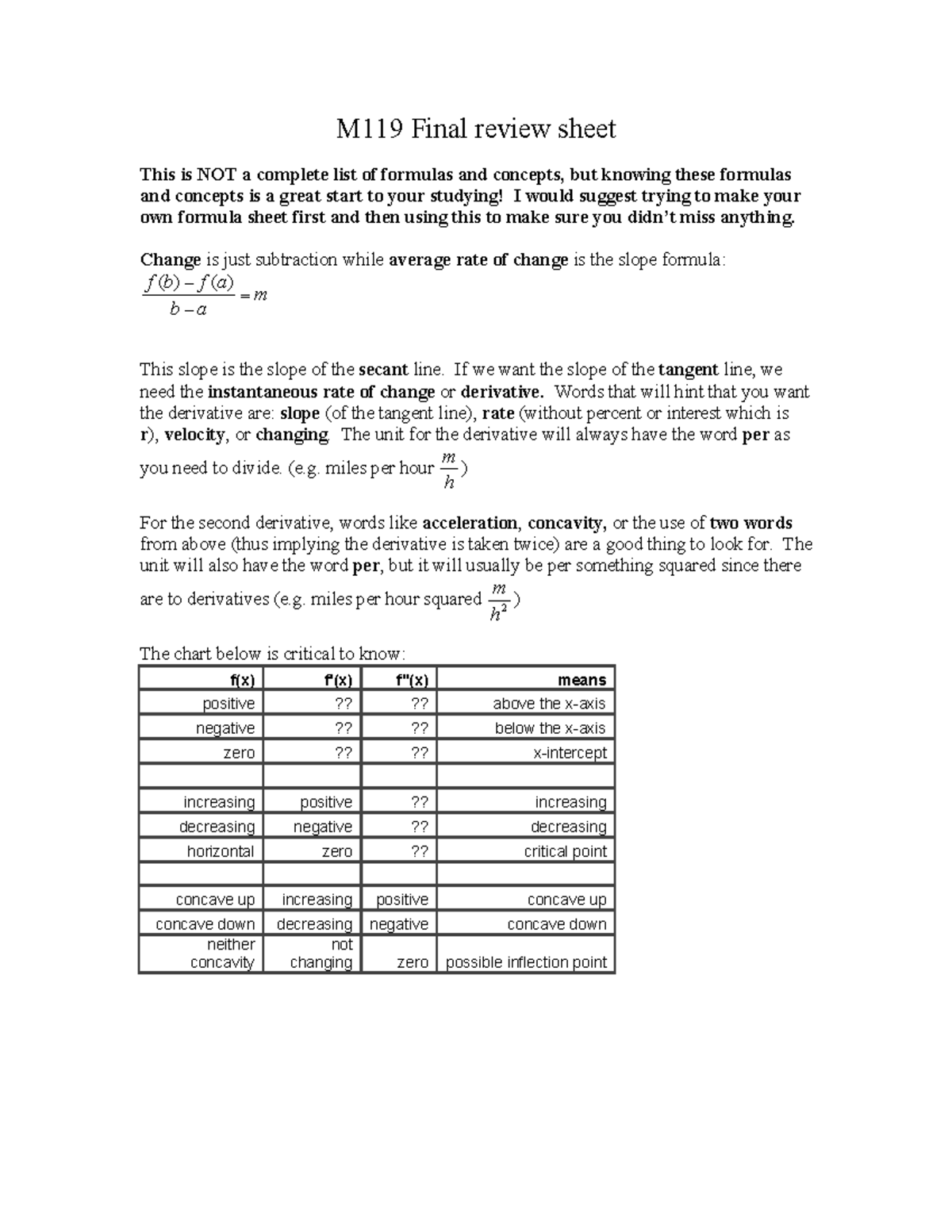 Lecture Notes, Final Review Sheet - Formulas - M119 Final review sheet ...
