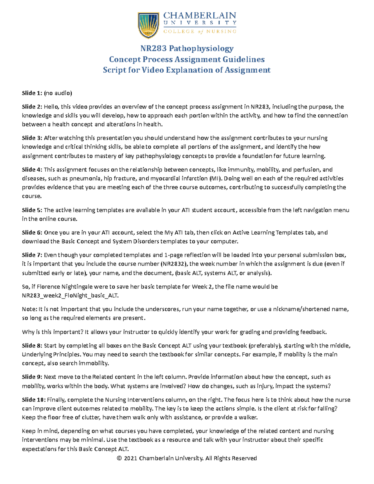 NR283 Concept Process Assignment Video Script V1 SEP15 - NR283 Pathophysiology Concept Process ...