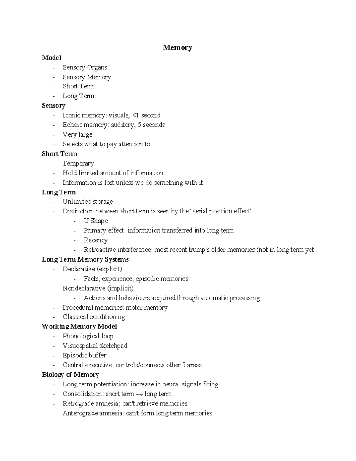 Revised Exam Notes - Memory Model - Sensory Organs - Sensory Memory ...