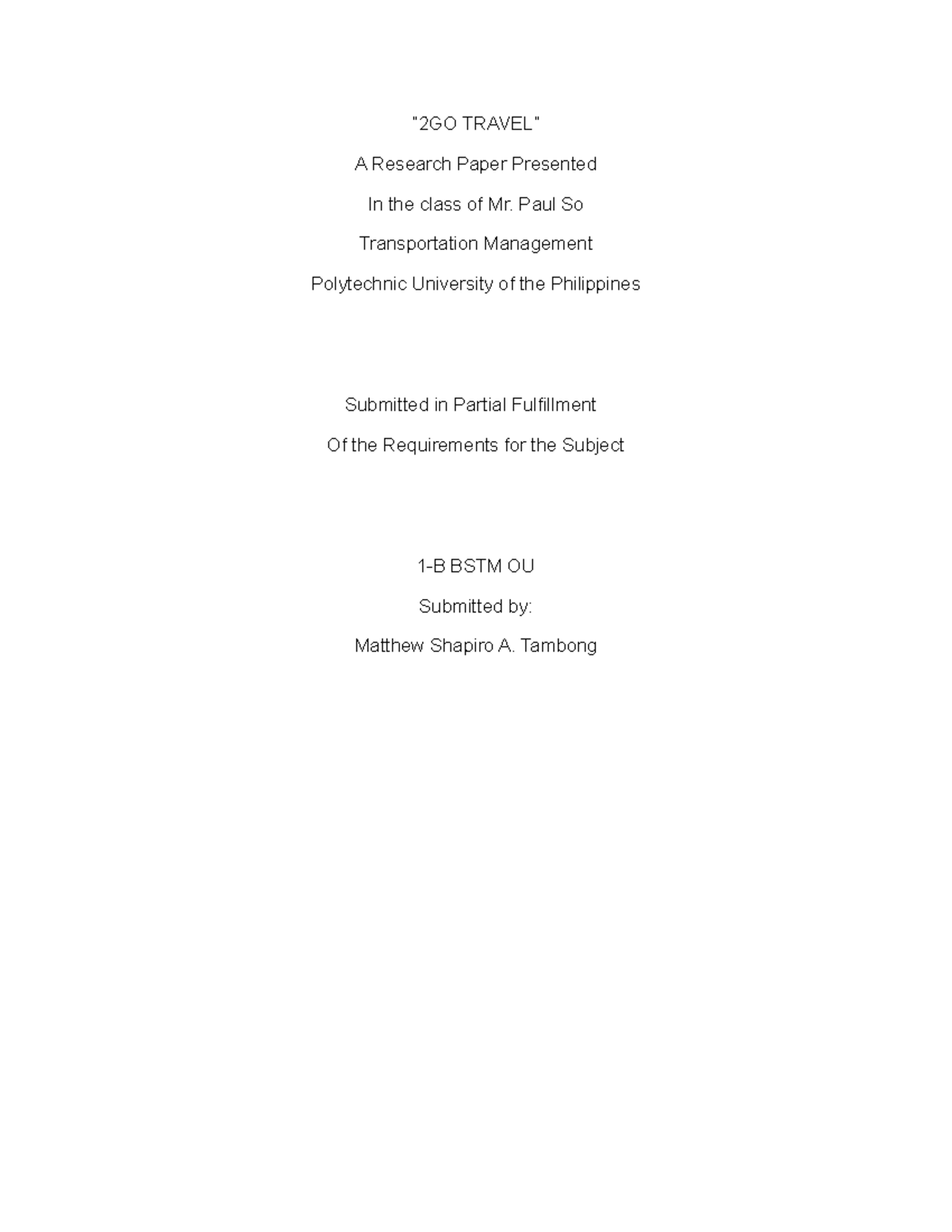 1-1BTambong Amidterm 2 Gotravel - “2GO TRAVEL” A Research Paper ...