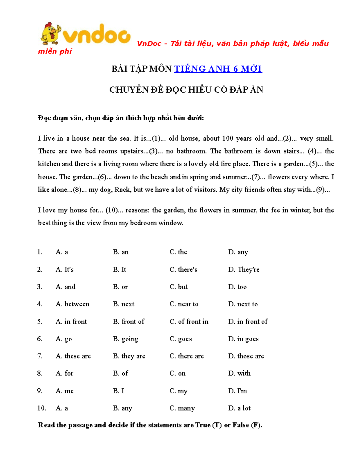 Bai tap doc hieu tieng anh lop 6 - BÀI TẬP MÔN TIẾNG ANH 6 MỚI CHUYÊN ...