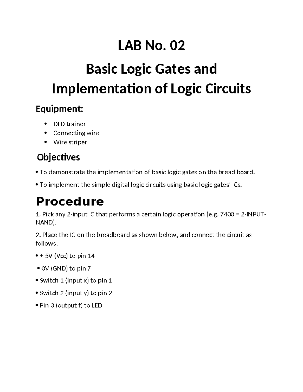 Lab no 2 - lab for basic dld trainer - LAB No. 02 Basic Logic Gates and ...