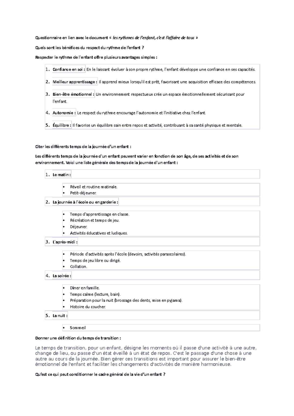 Questionnaire sur le rythme de lenfant - Questionnaire en lien avec le ...