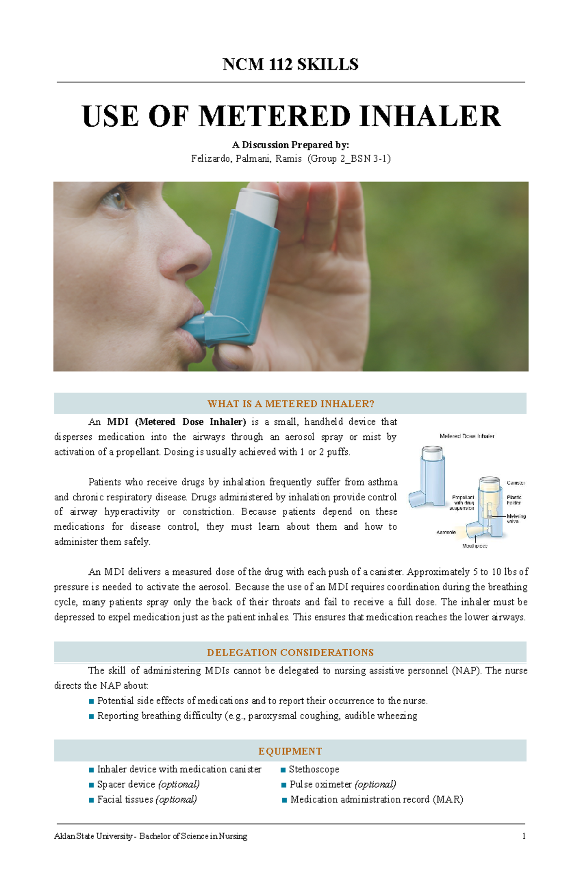 Use of Metered Inhaler handouts - NCM 112 SKILLS USE OF METERED INHALER ...