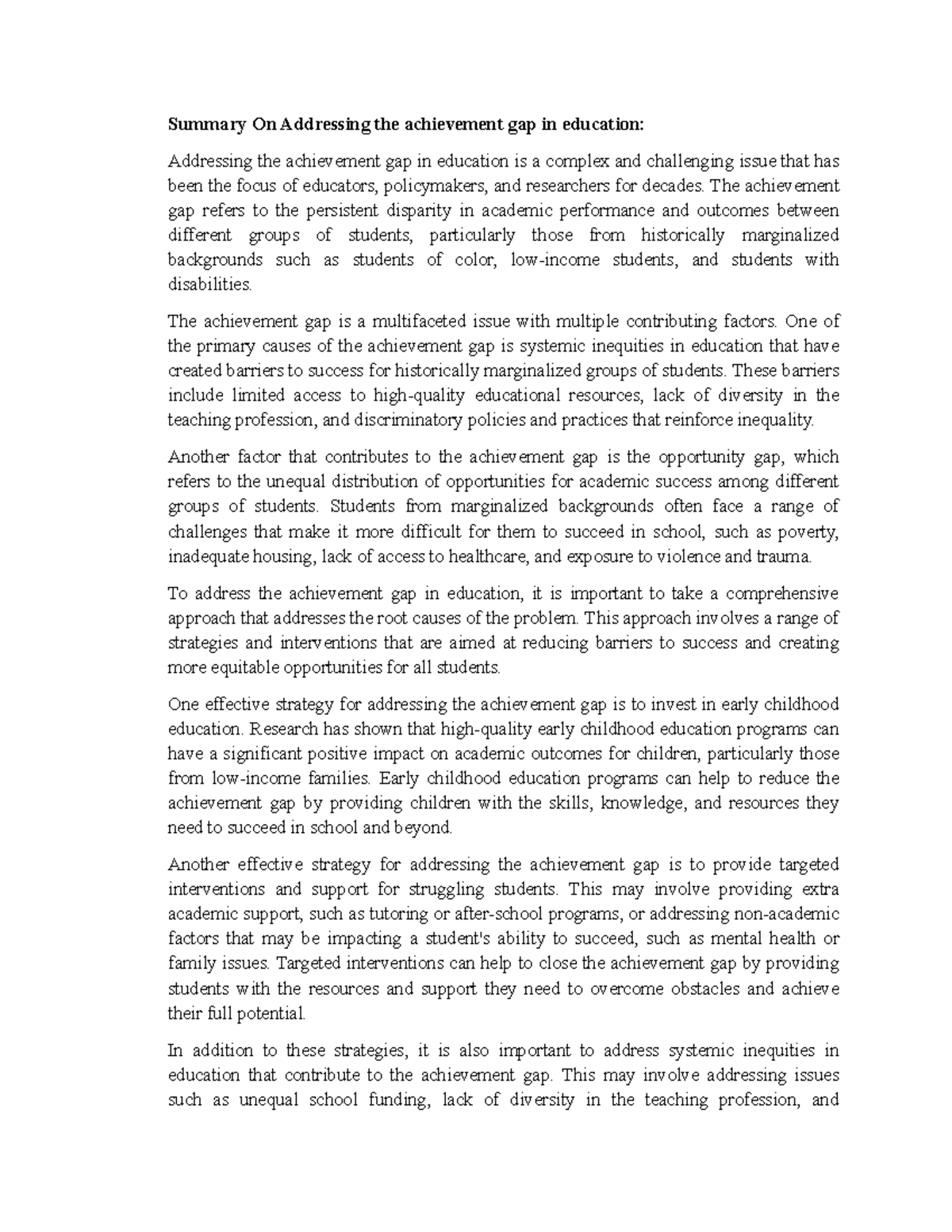 Summary On Addressing the achievement gap in education - Summary On ...