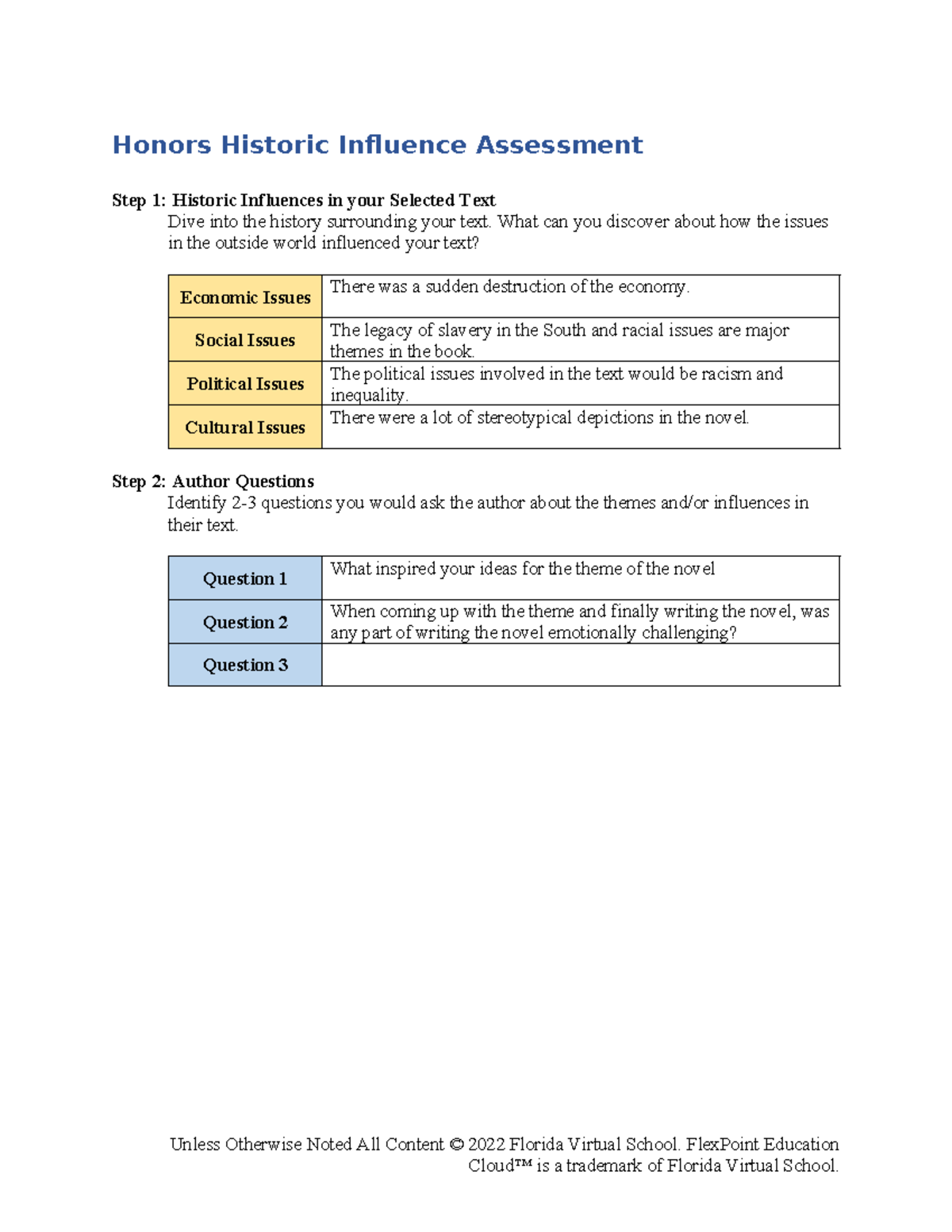 Historic influence assess rubric - Honors Historic Influence Assessment ...