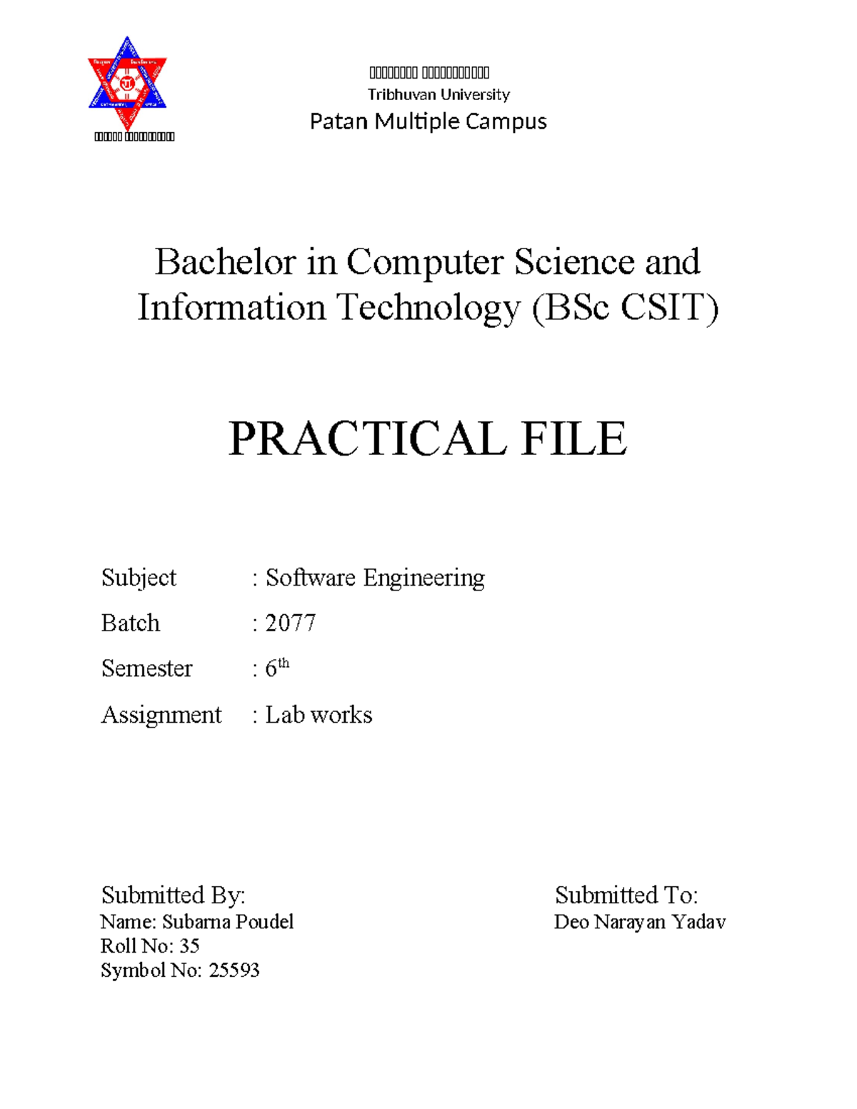 Cover file - Computer Science - तततततत ततततततततततत तततततततत ततततततततततत Tribhuvan University ...