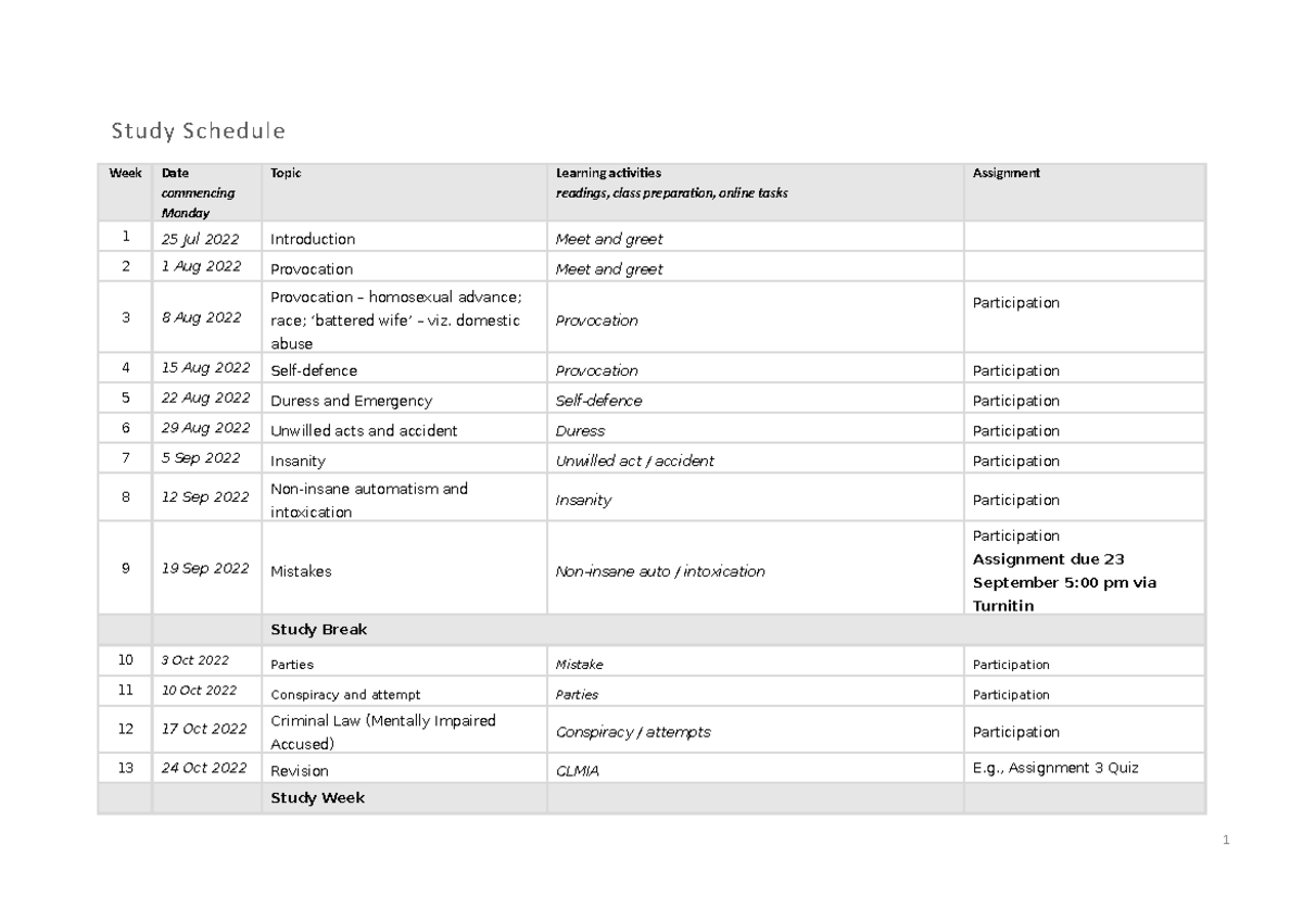 0. Study Timetable - Study Schedule Week Date commencing Monday Topic ...