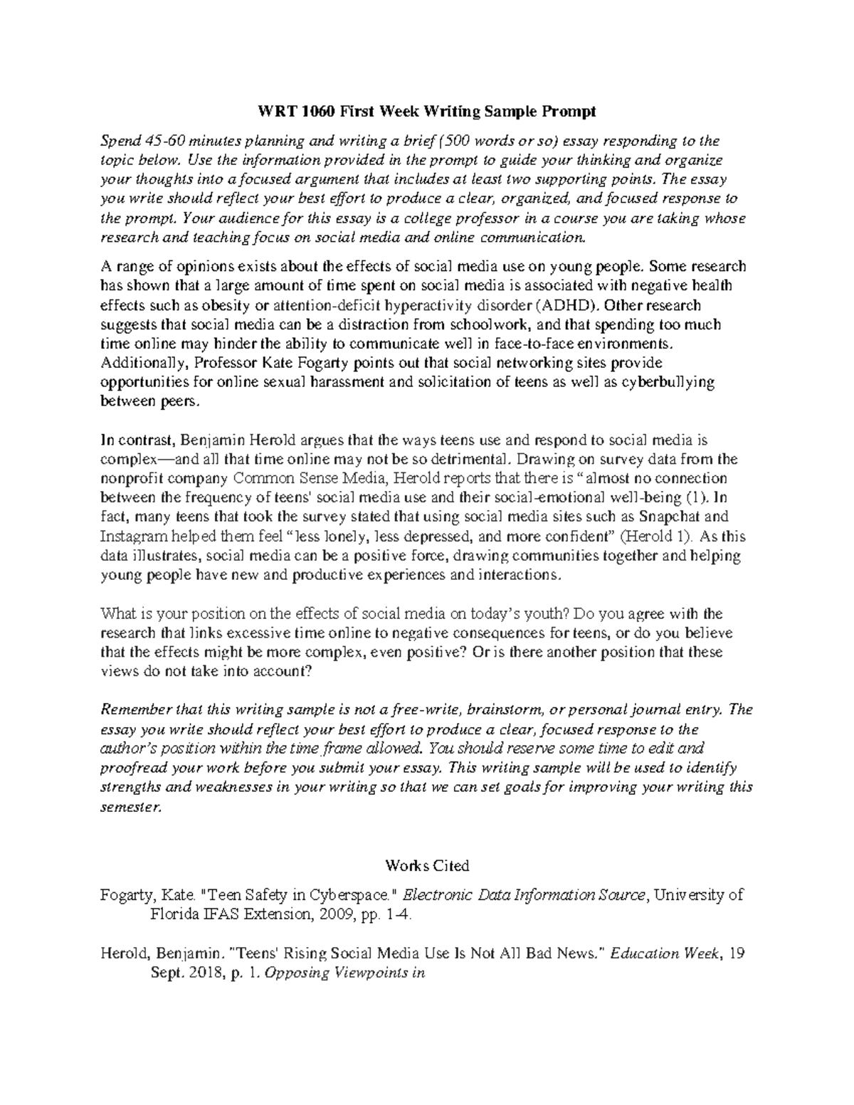 Instructions for the First Week Essay 1060 - WRT 1060 First Week ...